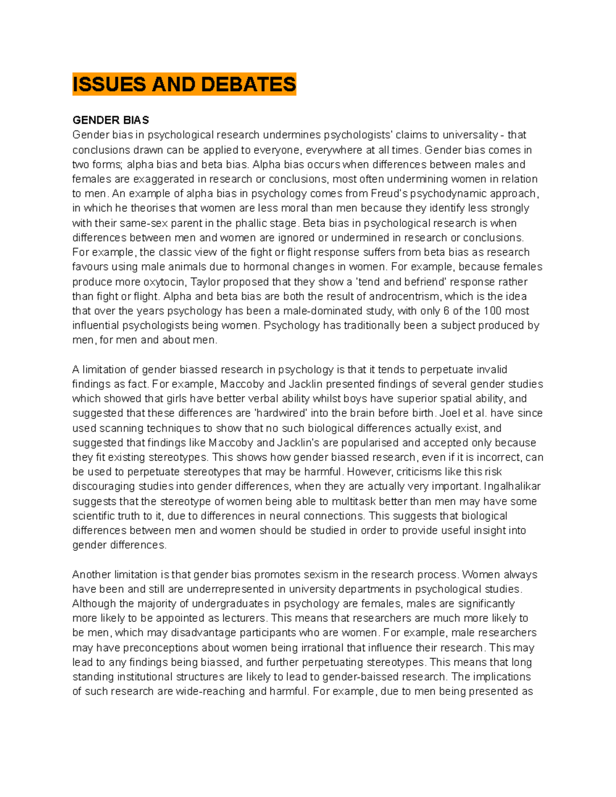 AQA Issues and Debates - Gender and Cultural Bias in Psychology Essays ...