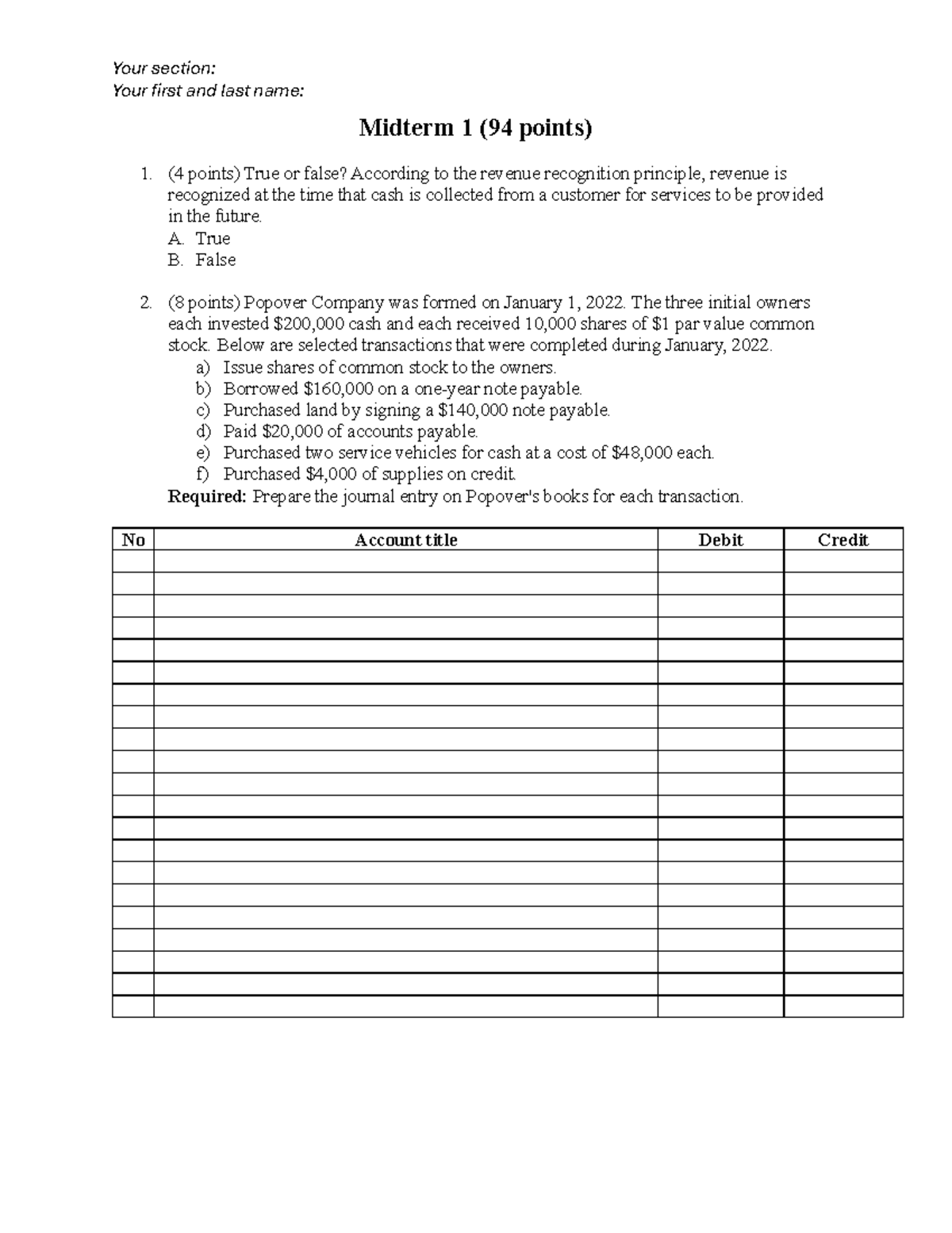 Midterm 1 - Accounting Principles and Journal Entries - Studocu