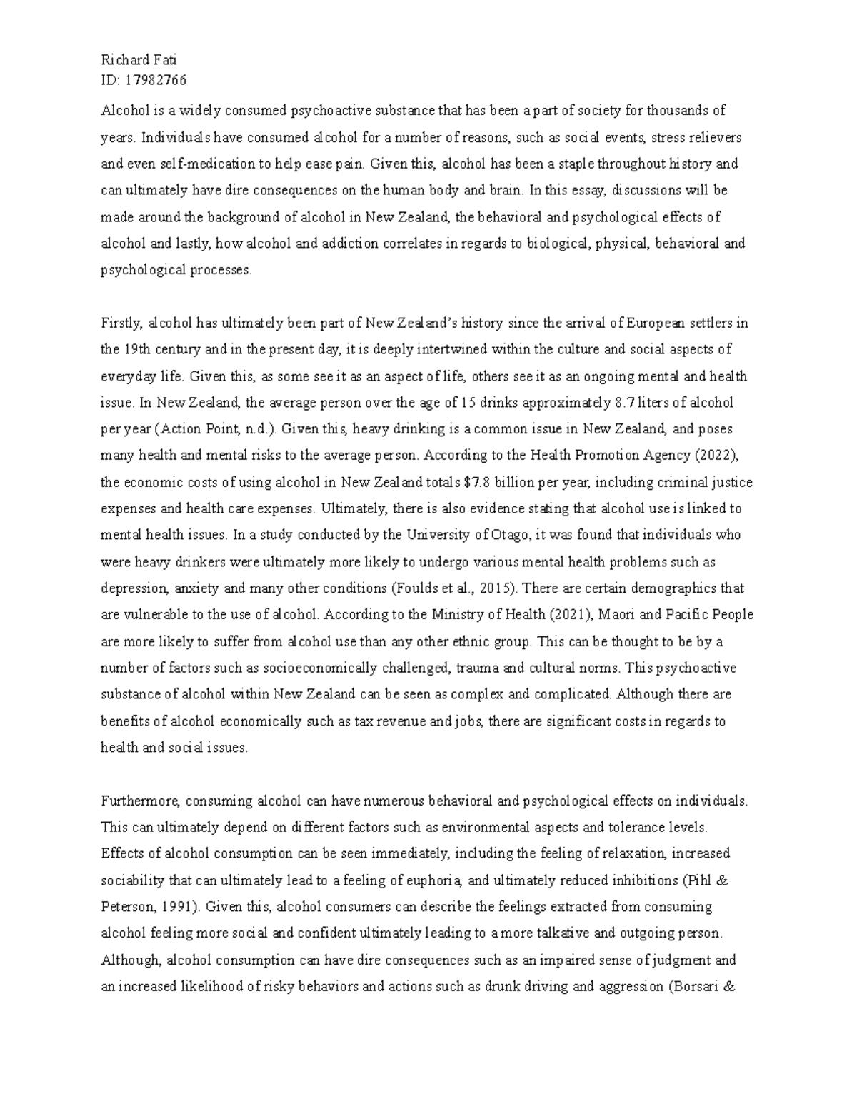 Alcohol and Addiction: Behavioral and Psychological Effects Essay - Studocu