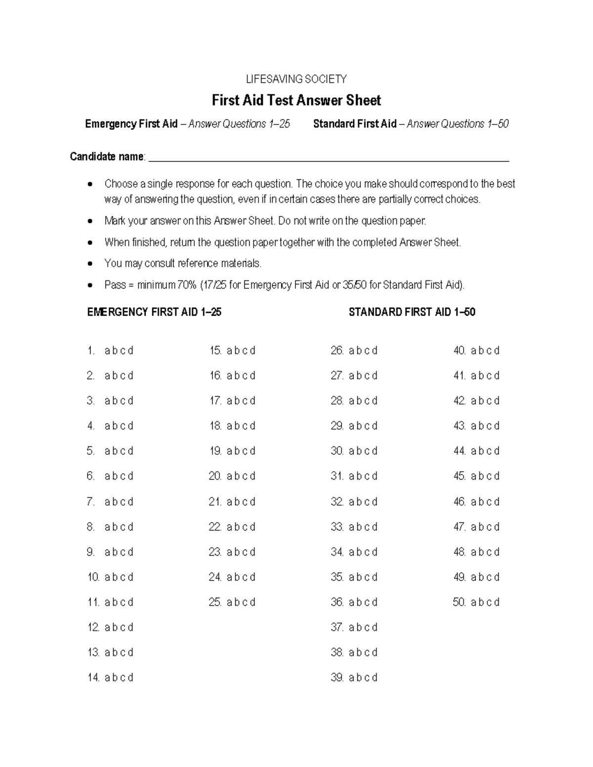 LIFESAVING SOCIETY First Aid Test Answer Sheet (Emergency & Standard ...