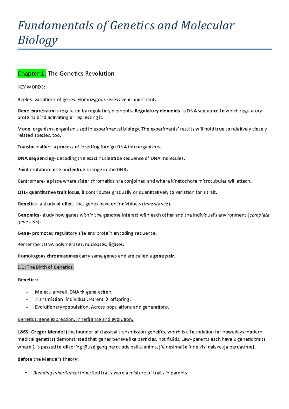 Fundamentals of Genetics and Molecular Biology (GEN101) - Chapter ...