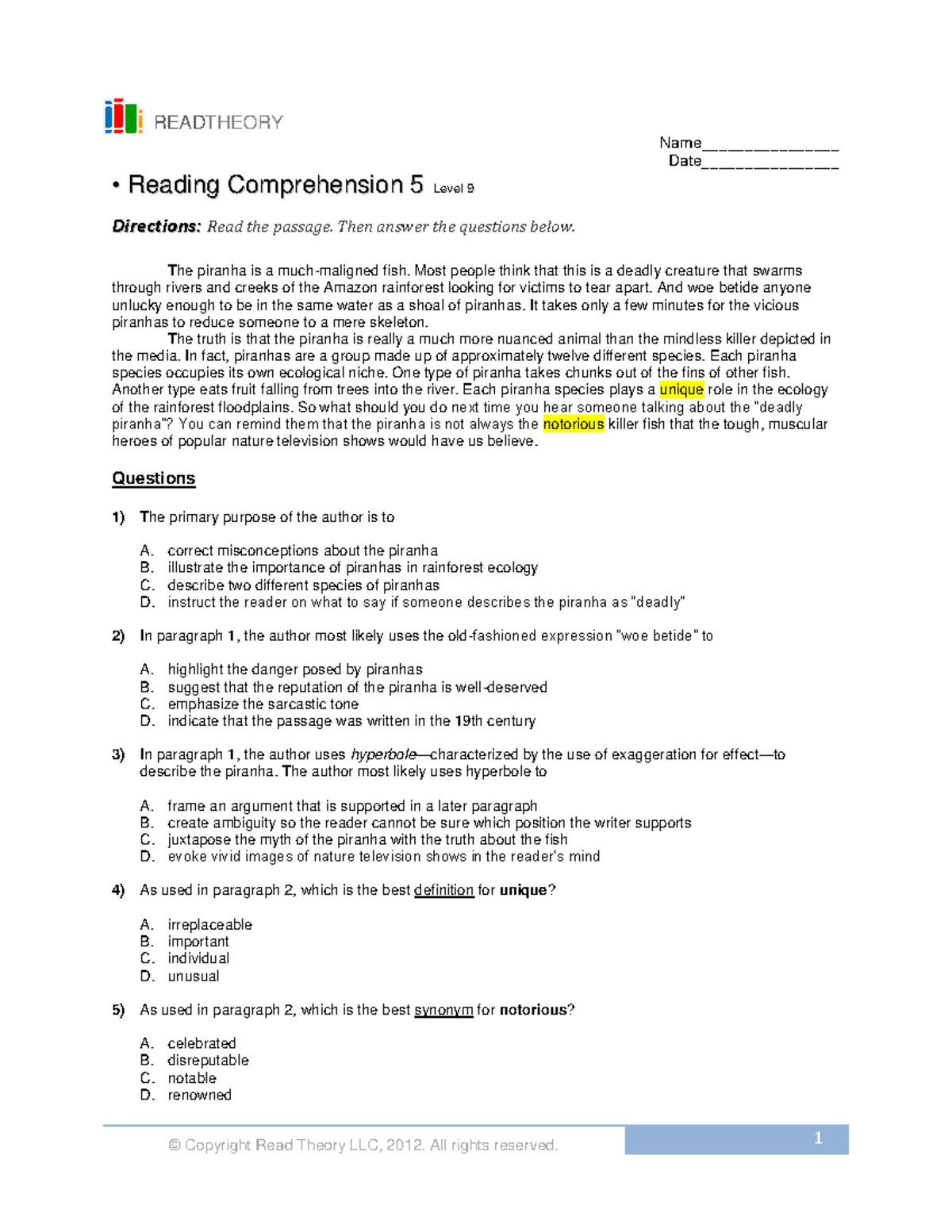 Level 9 Reading Comprehension Passage 5 Analysis & Questions - Studocu