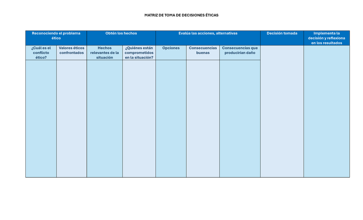 Matriz de decisiones eticas - Ética profesional - MATRIZ DE TOMA DE ...