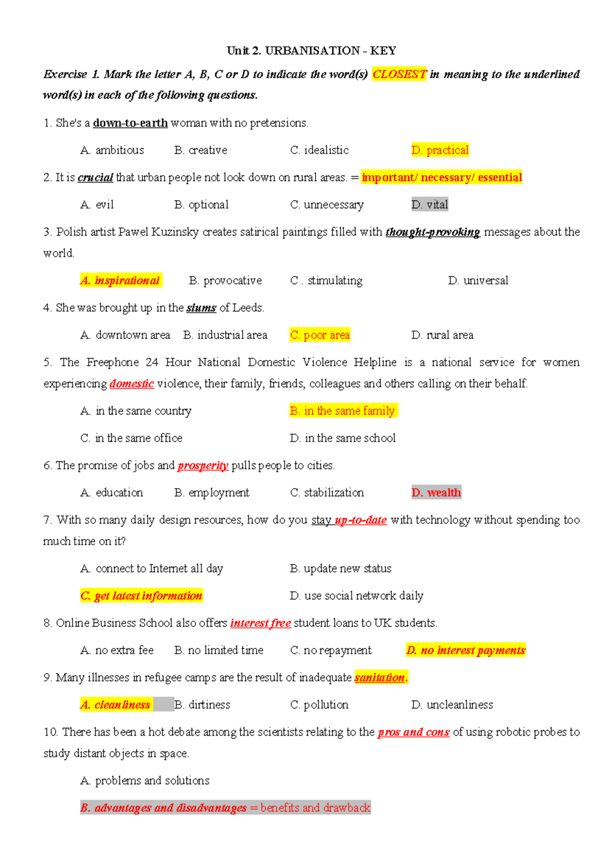 Unit 2: Urbanization Key Exercises and Answers for Vocabulary ...
