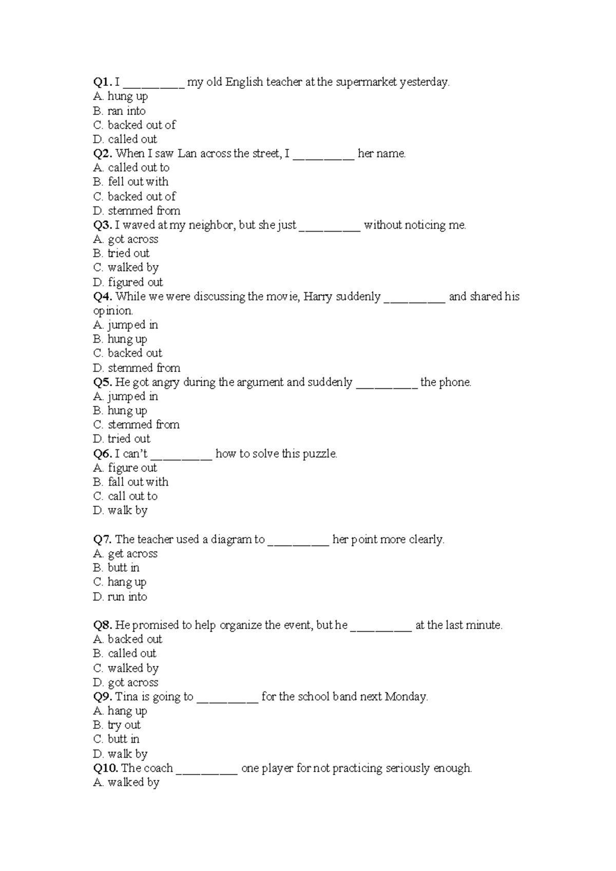Phrasal Verbs Quiz - Questions for English Class (Q1-Q10) - Studocu