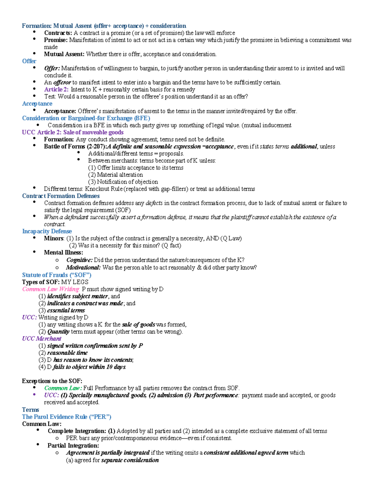 Contracts I Attack Outline: Formation, Mutual Assent, and Consideration ...