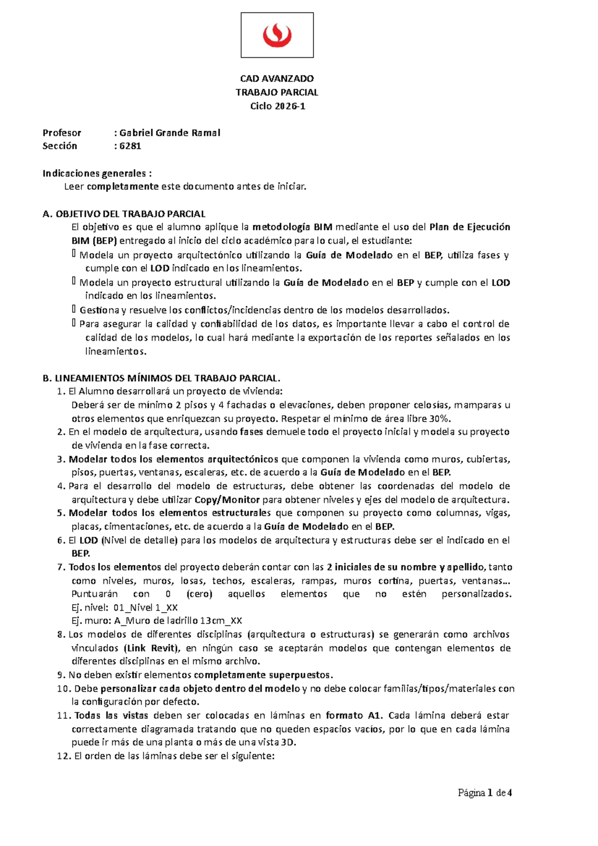 AR91 Trabajo Parcial: Modelado BIM en Proyecto Arquitectónico 2026-1 ...