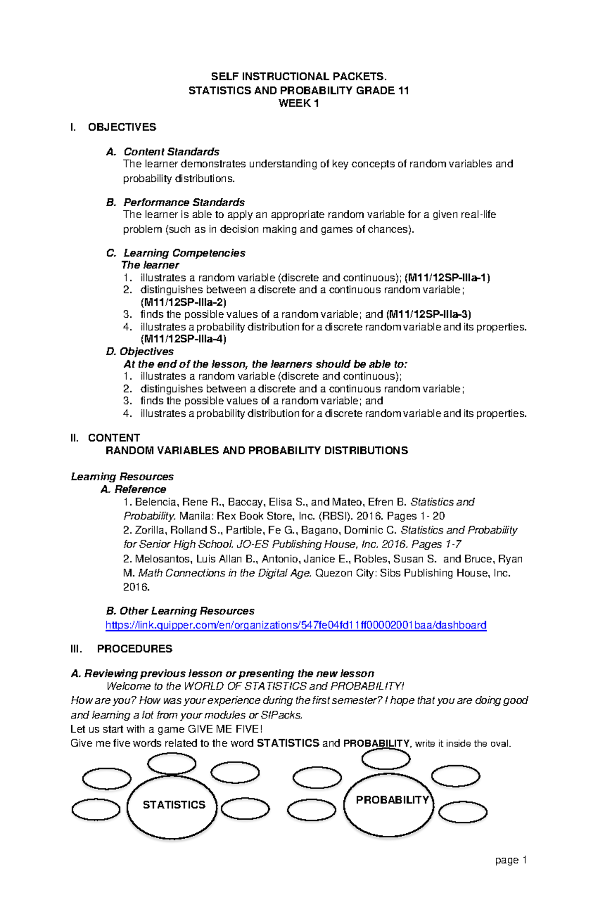 Q3 Statistics and Probability G11 Week 1: Random Variables ...