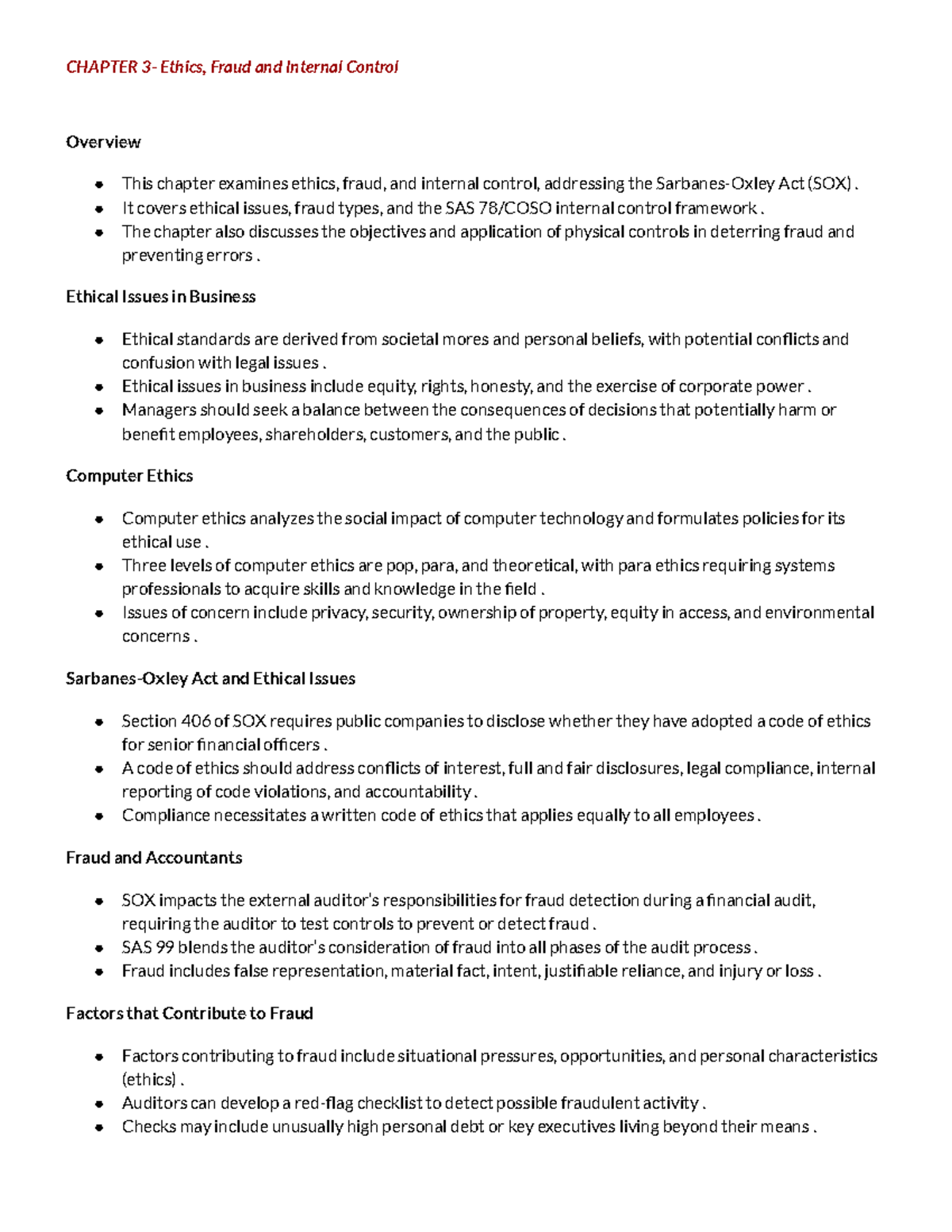CHAPTER 3 AIS Summary: Ethics, Fraud, and Internal Control Overview ...