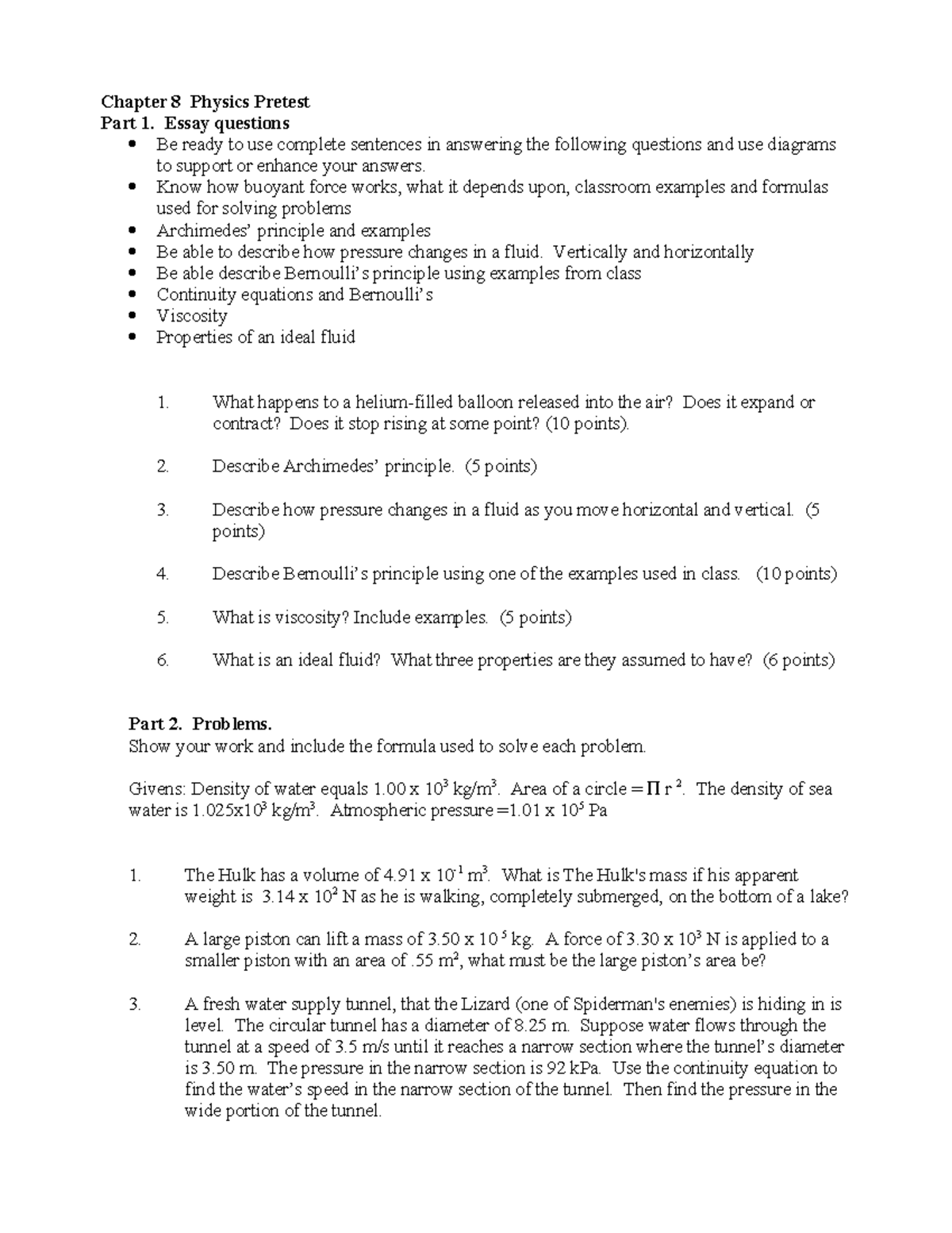 Physics Pretest: Unit 8 - Fluids Concepts & Problems - Studocu