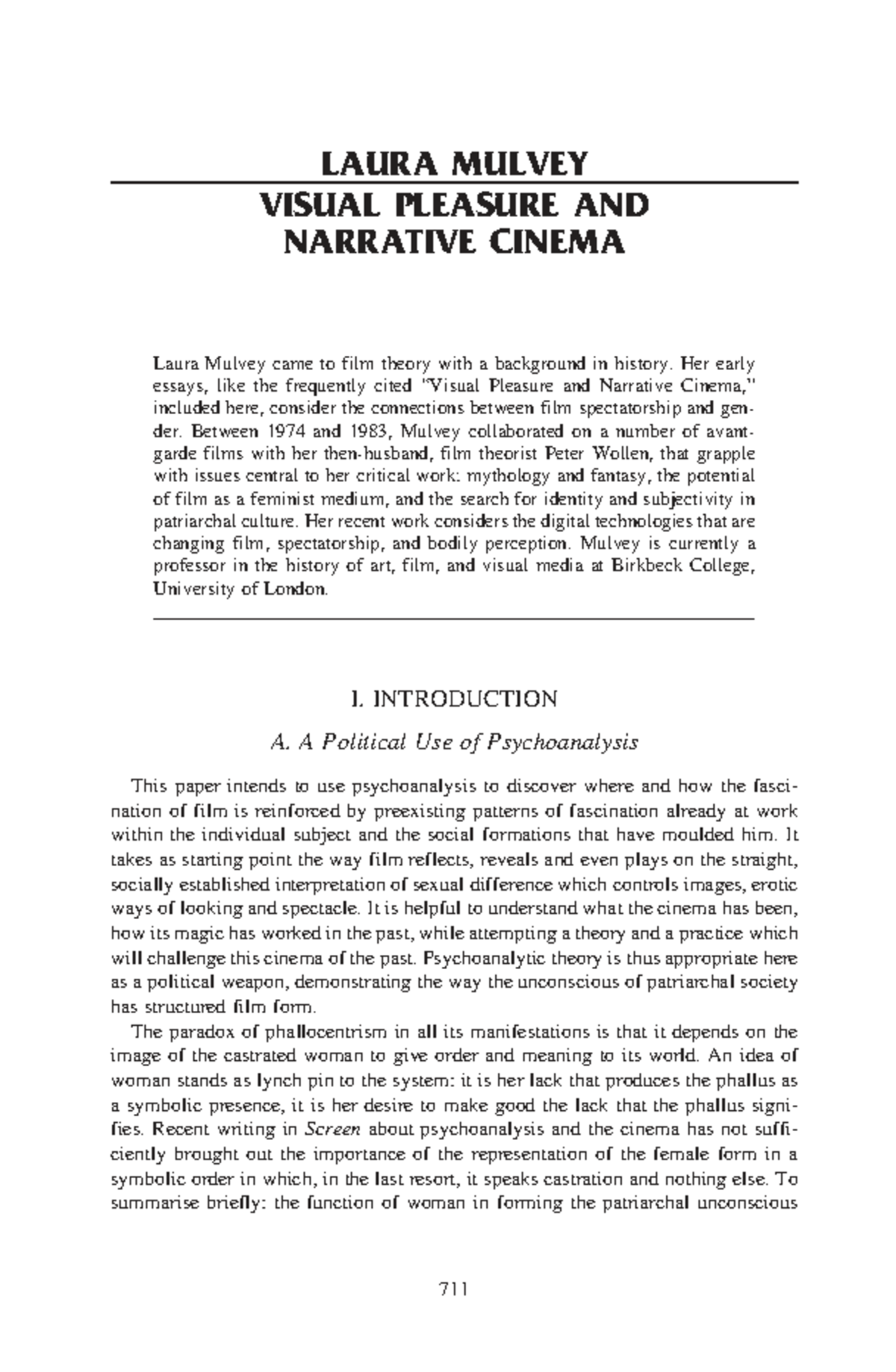 LAURA MULVEY: FEMALE GAZE IN VISUAL PLEASURE AND NARRATIVE CINEMA - Studocu