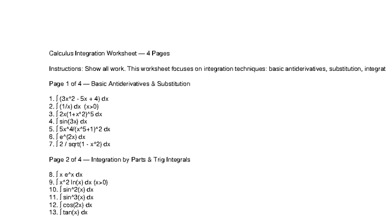 Calculus Integration Worksheet (Calc 101) - Techniques & Solutions ...