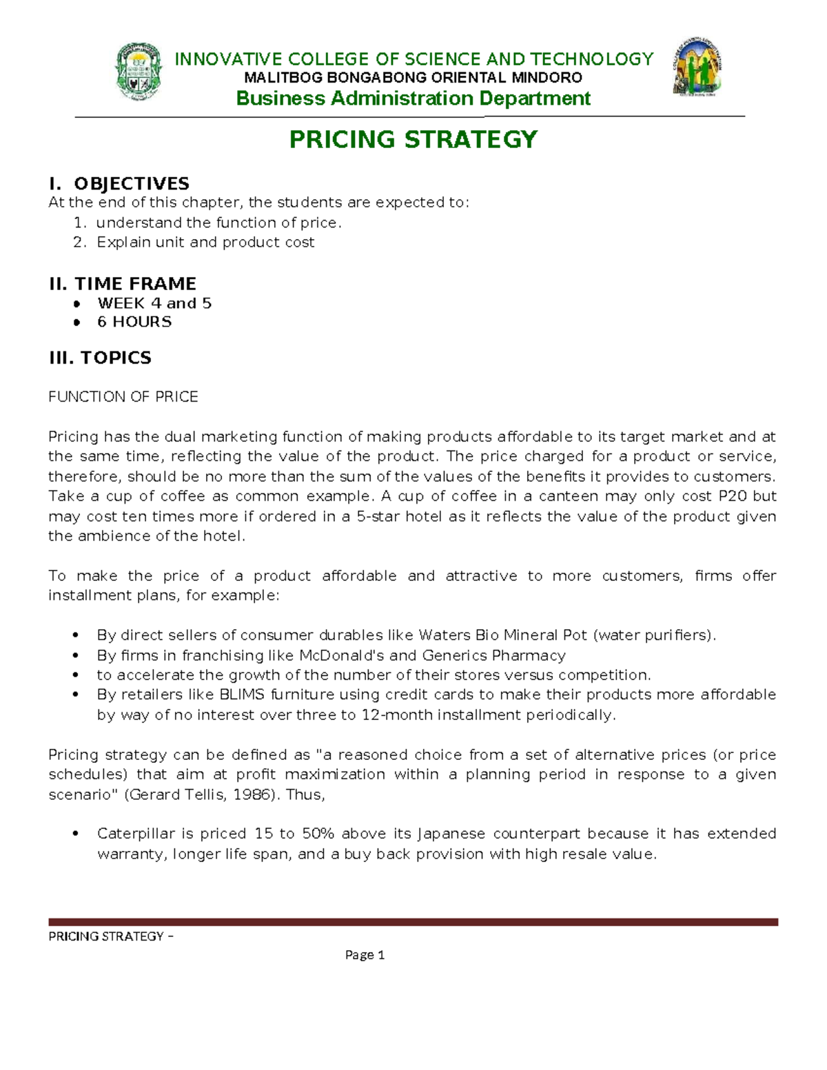 Pricing Strategy: Insights and Objectives for BA 101 - Studocu