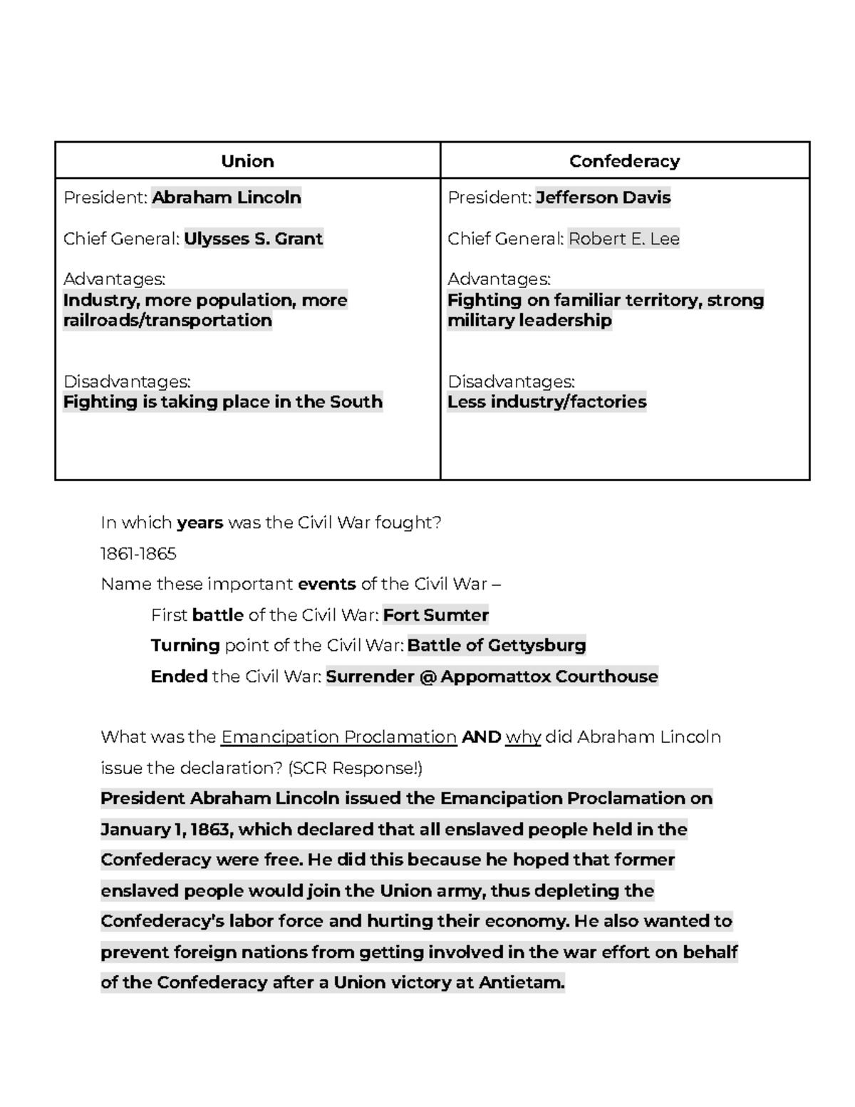 Civil War Summary Quiz Review KEY for US History Course 101 - Union ...