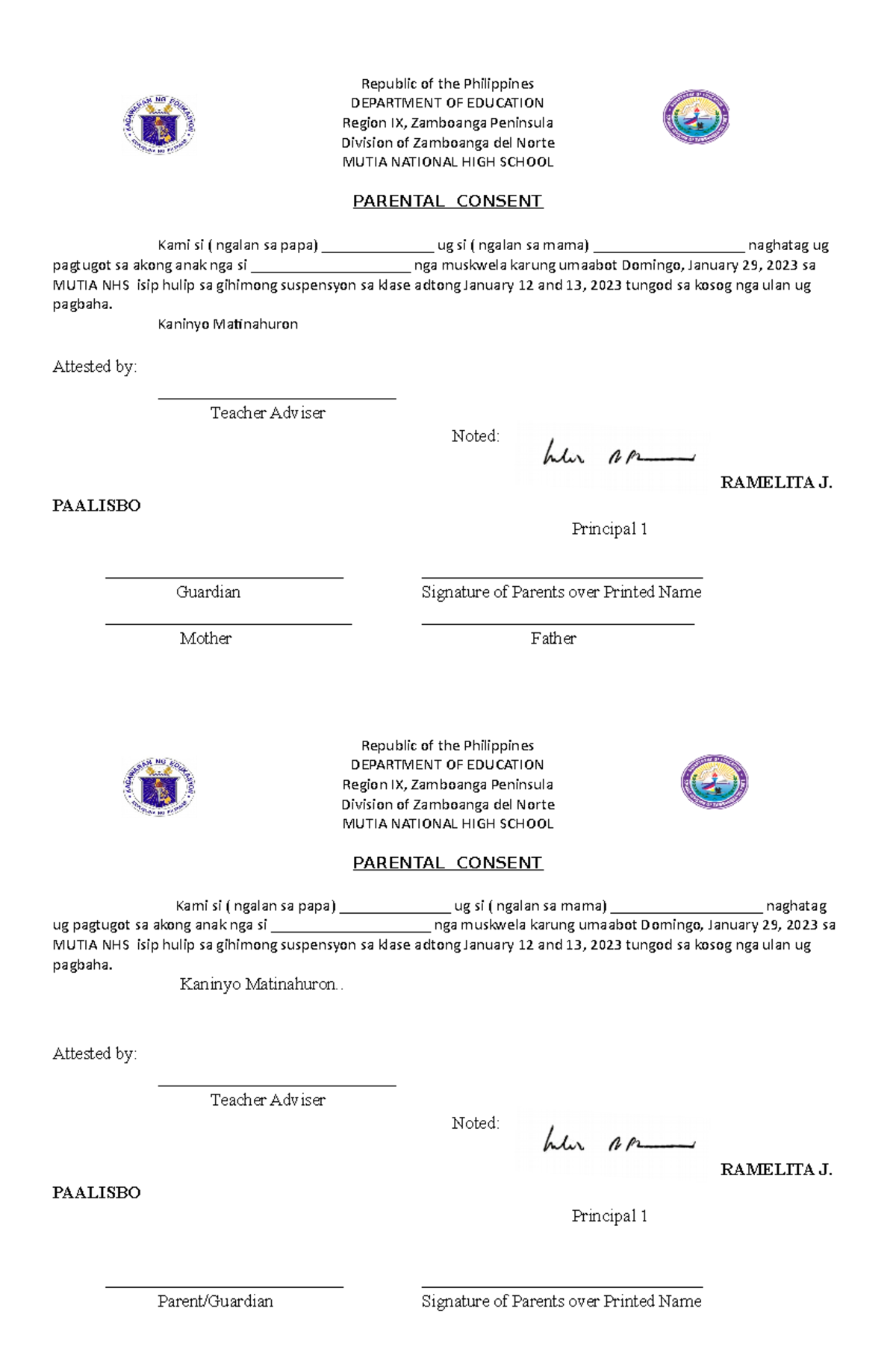 Parent consent make up class - Republic of the Philippines DEPARTMENT ...