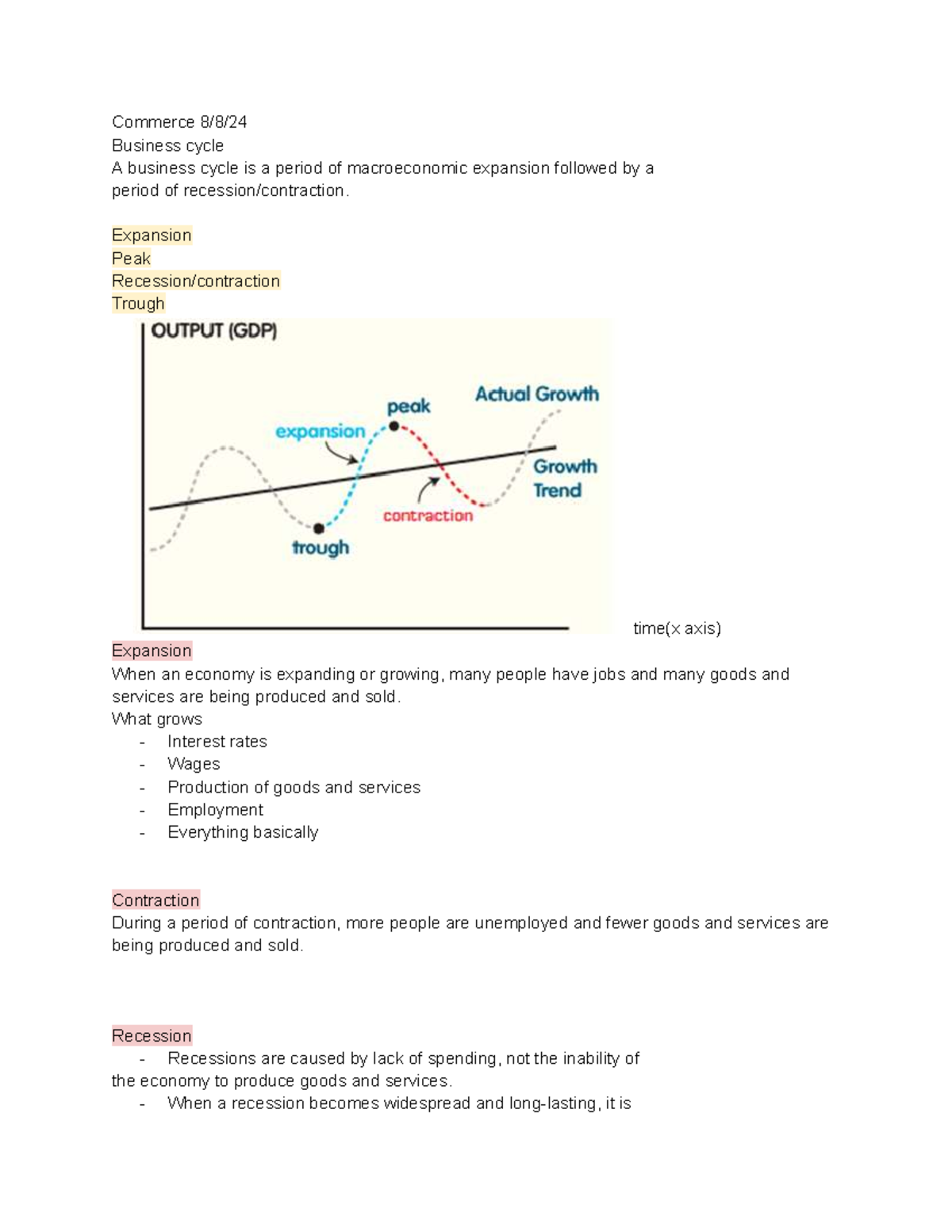 Commerce Class Notes - Year 10: Understanding the Business Cycle - Studocu