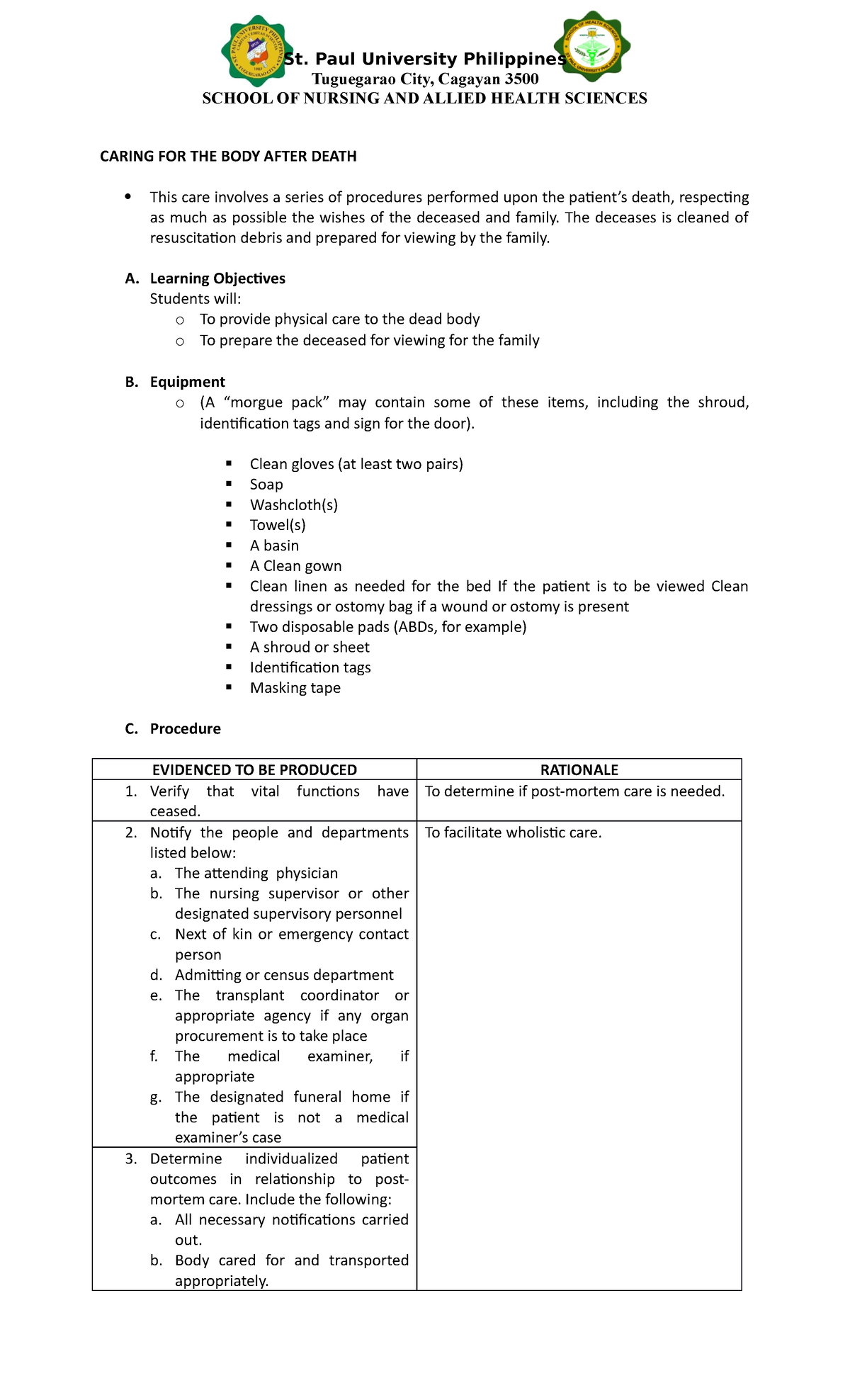 Post-Mortem Care Procedures for Nursing Students - Nursing 101 - Studocu