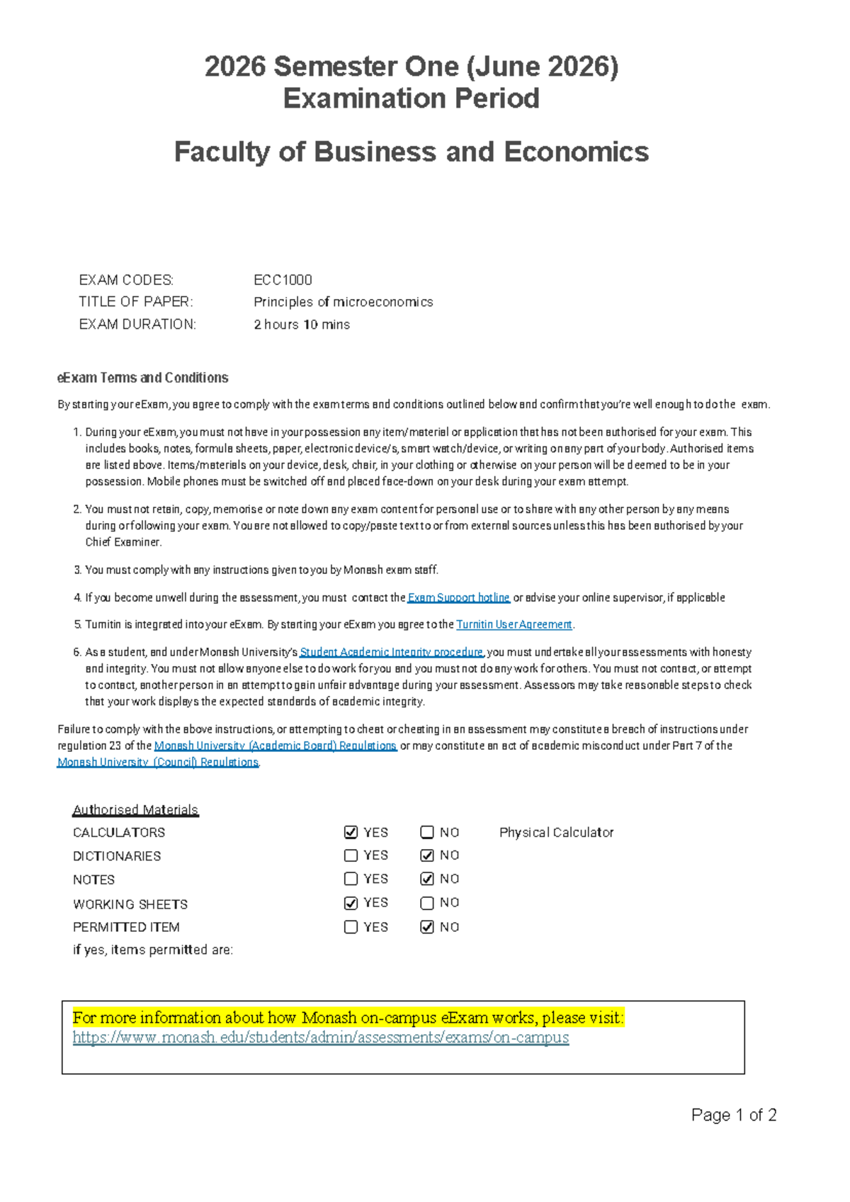 ECC1000 Semester 1 2026 Practice Exam: Principles of Microeconomics ...