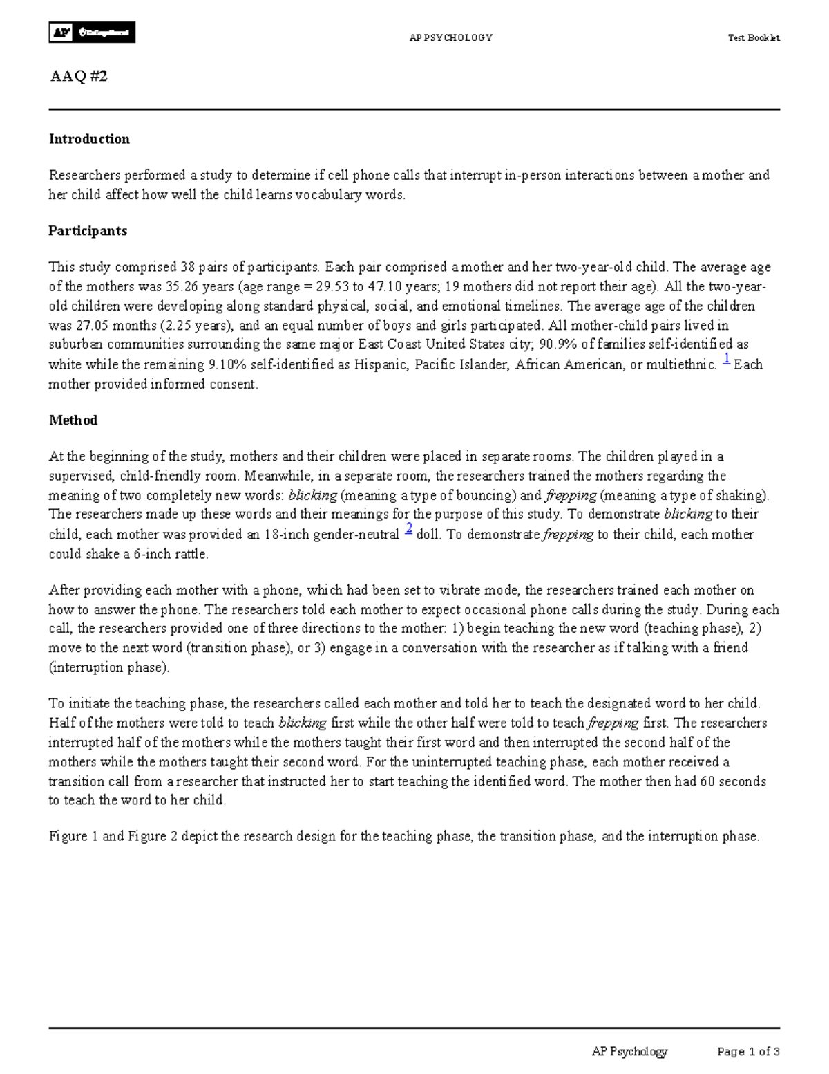AAQ#2 AP Psychology 2025: Impact of Cell Phone Interruptions on Child ...
