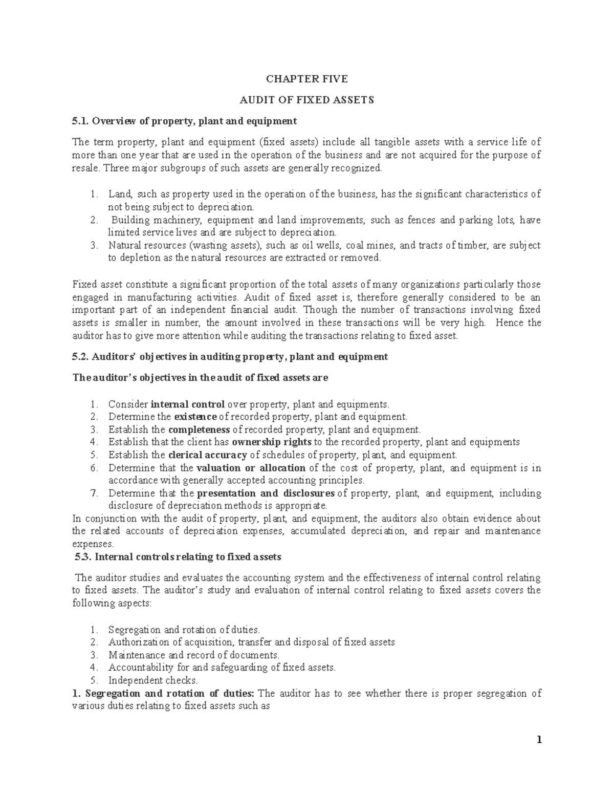 Aud 2 Ch 5-1 - Fixed Assets Audit Review and Procedures - Studocu