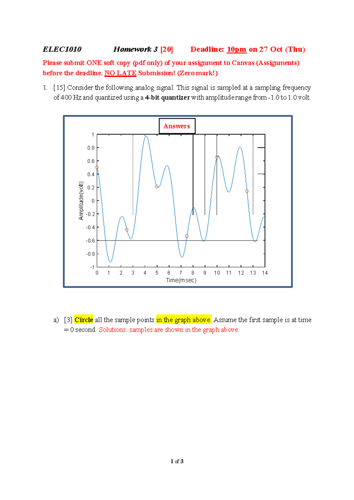 ELEC1010 Homework 3 Solutions for Analog Signal Sampling & Quantization ...