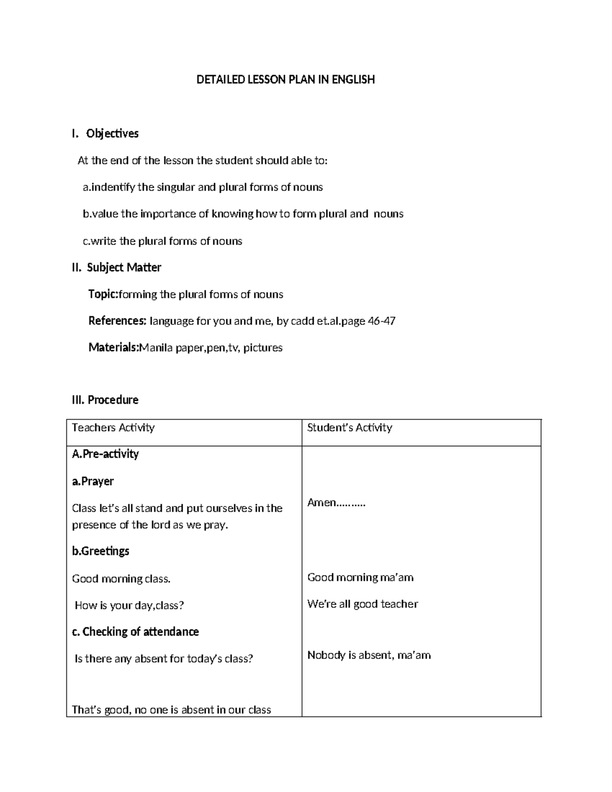 Detailed Lesson Plan: Forming Plural Nouns (ENG I) - Studocu