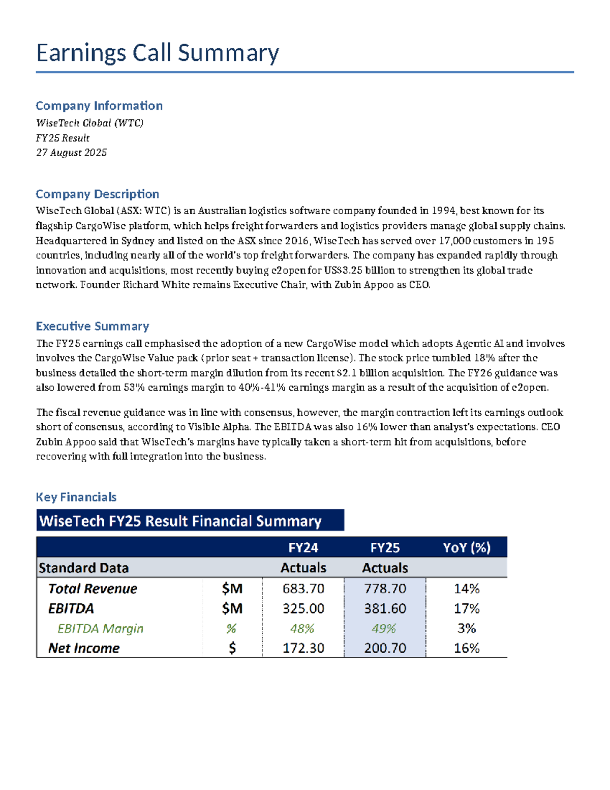 WiseTech Global (WTC) FY25 Earnings Call Summary and Insights - Studocu