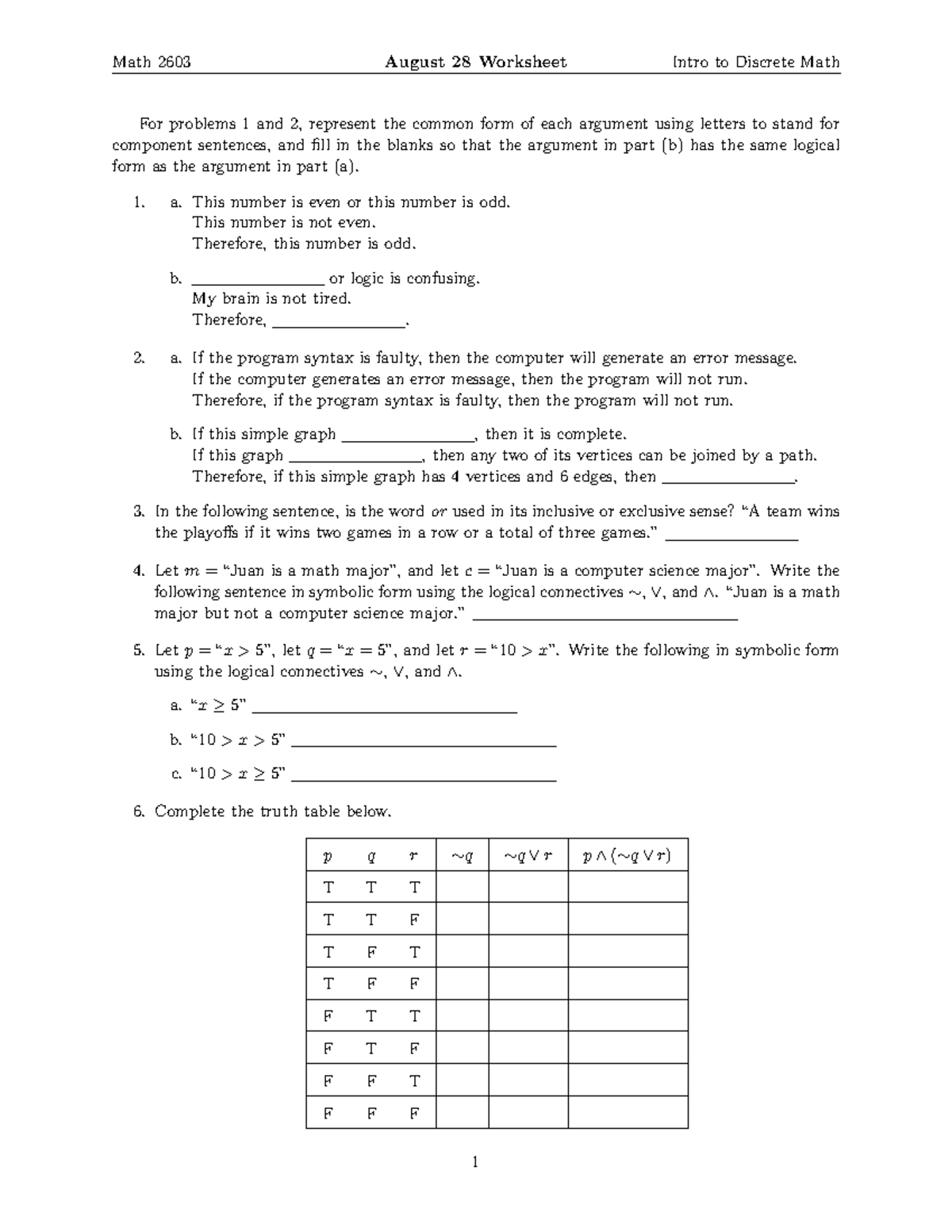Worksheet 20240828 - Answers can be found in the book. - Math 2603 ...