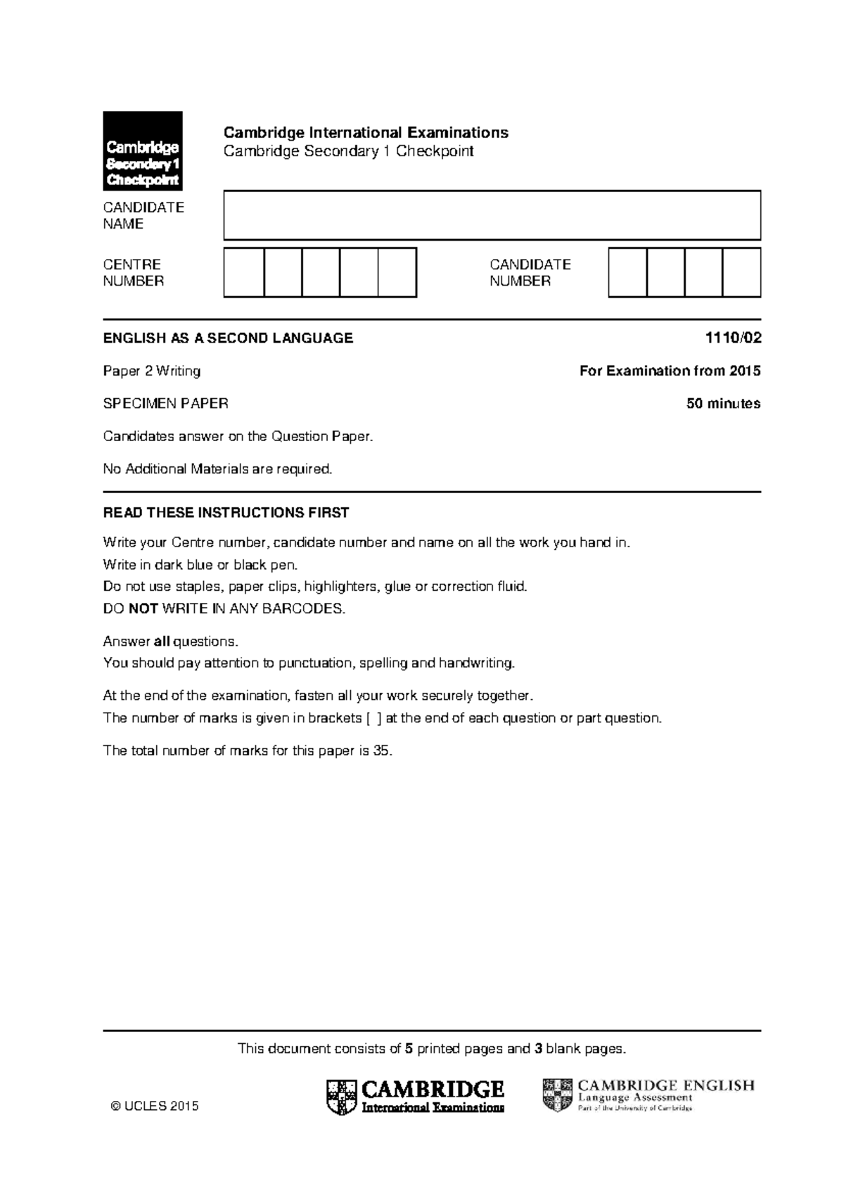 212319 English as a Second Language Specimen Paper 2 Writing - Studocu