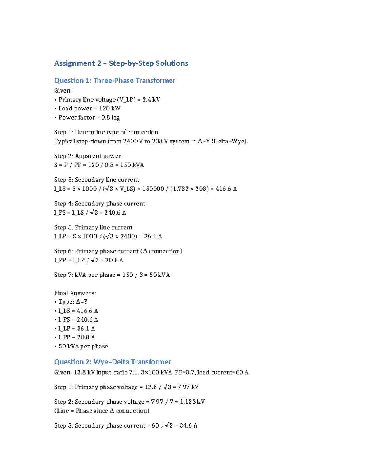 Assignment 2 Solutions: Transformer Analysis and Calculations - Studocu