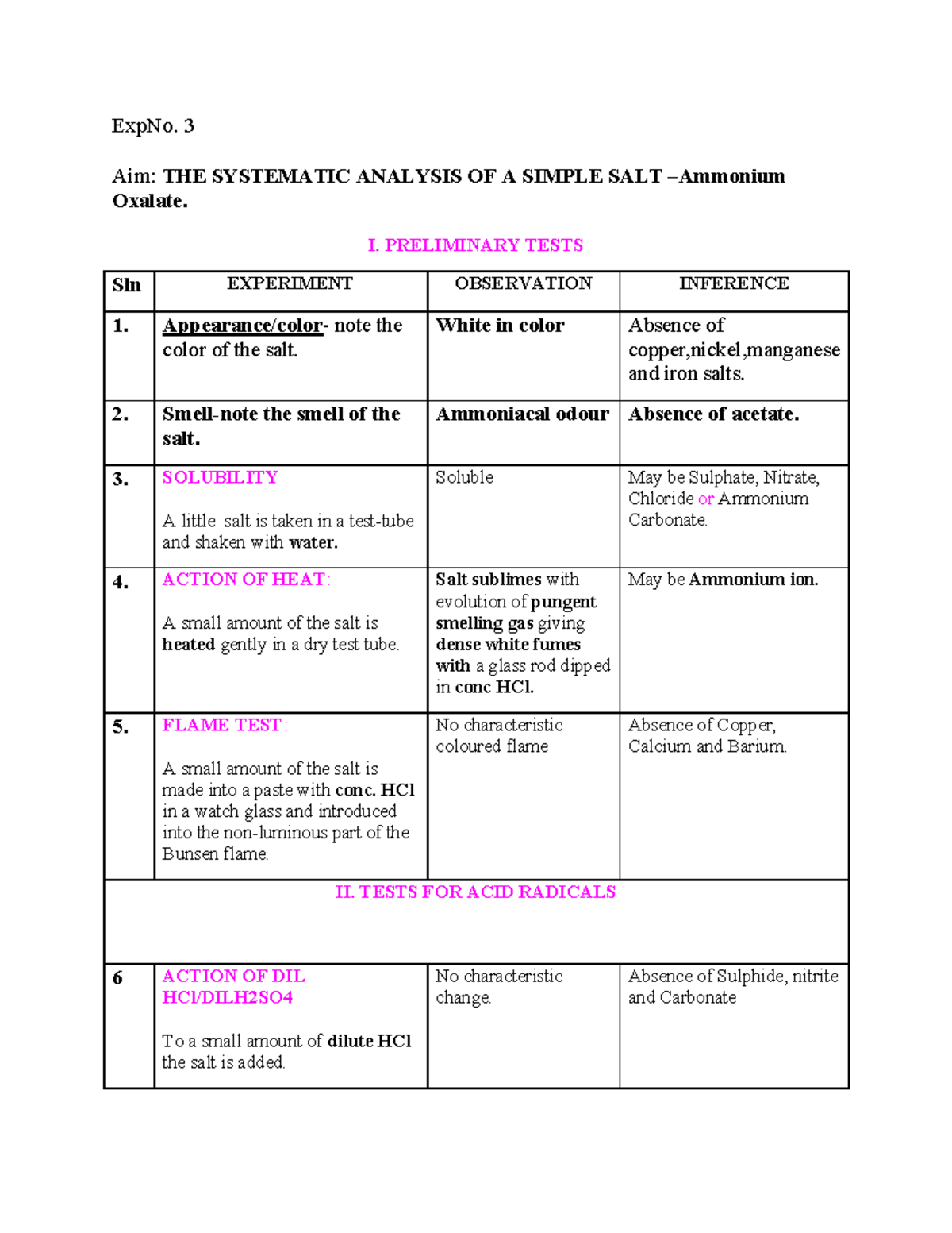 Systematic Analysis of Simple Salts: Exp No. 19-30 - Studocu