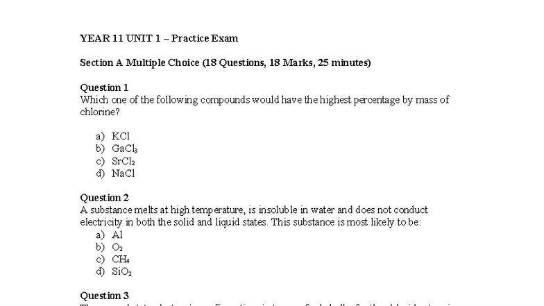 YEAR 11 UNIT 1 Practice Exam: Multiple Choice & Short Answers - Studocu