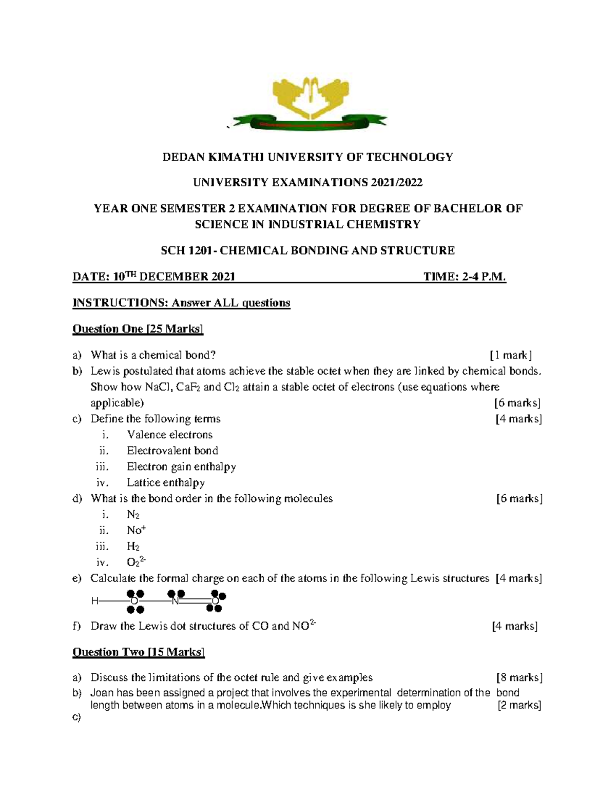 SCH 2101 Final Exam: Chemical Bonding and Structure - Dec 2021 - Studocu