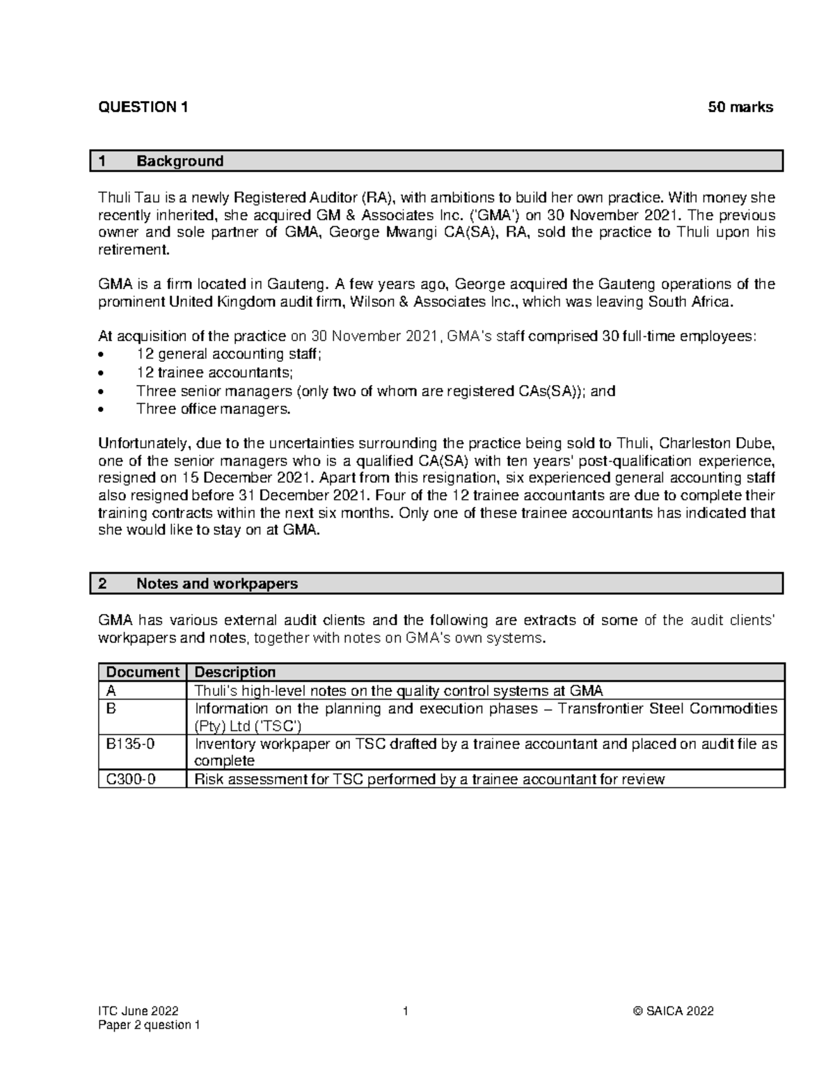 ITC June 2022 Paper 2 Question 1 GMA - ITC June 2022 1 © SAICA 2022 ...