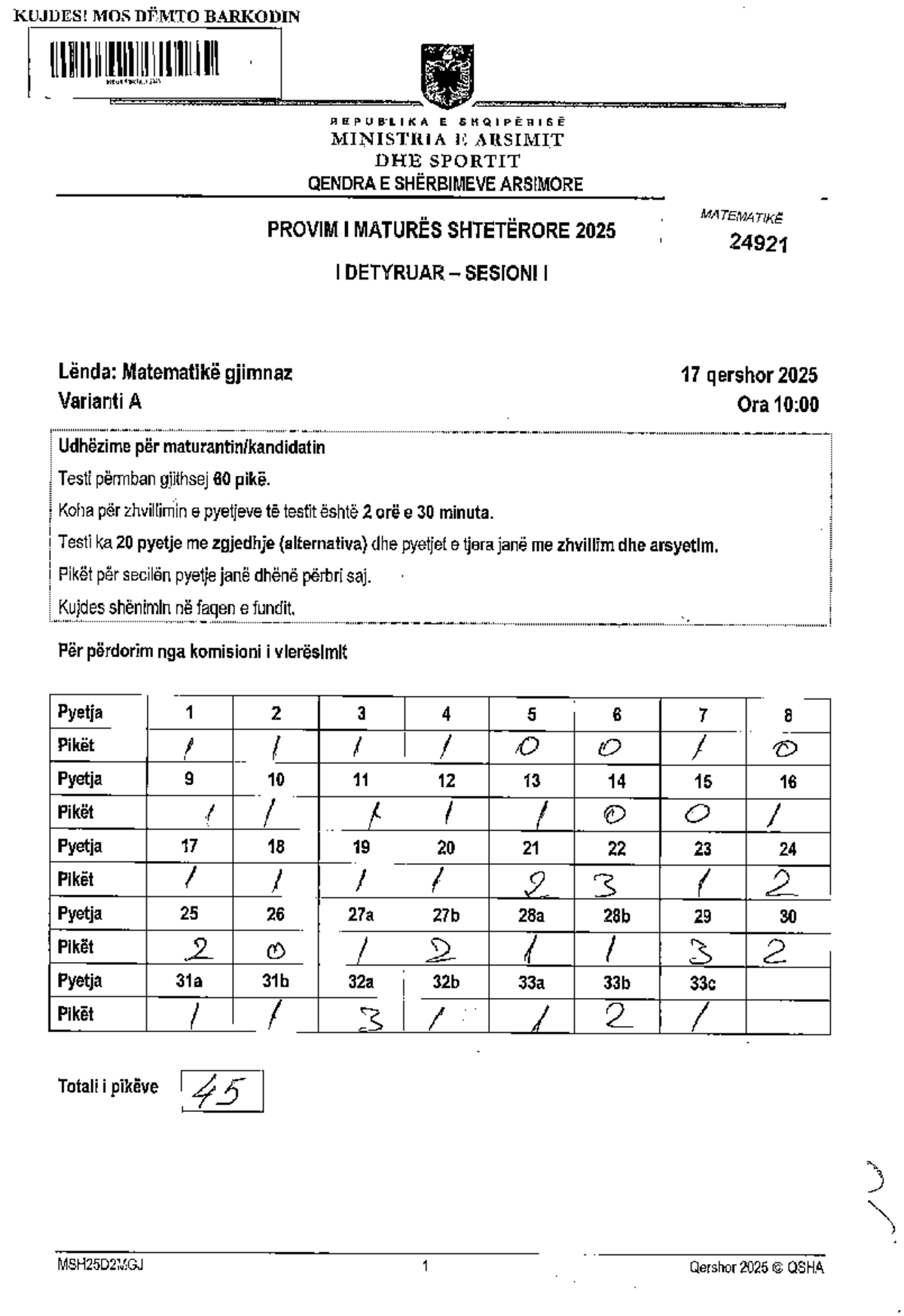 Provimi i Maturës Shtetërore 2025 - Matematikë Gjimnaz Varianti A - Studocu