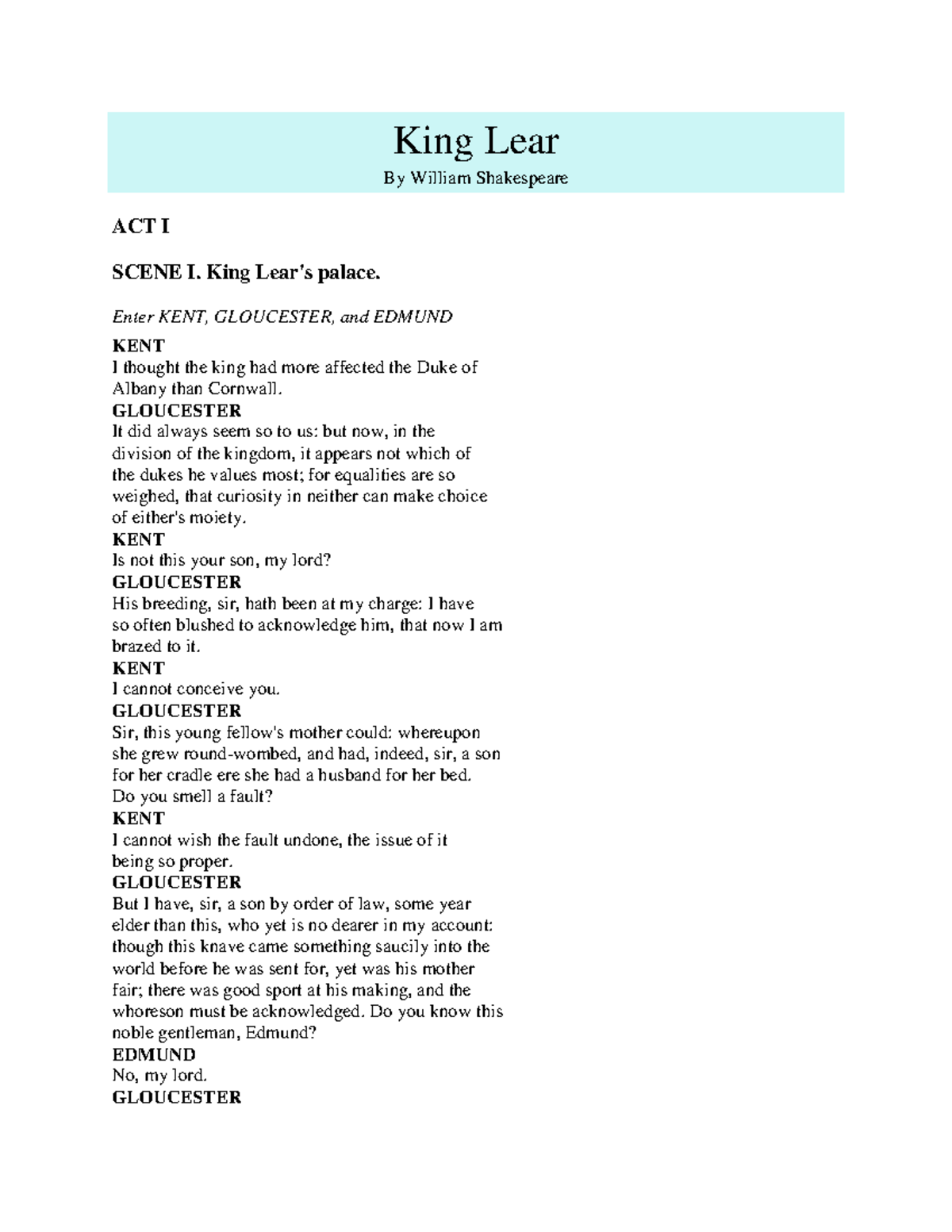 King Lear (ENG 101) - Act I Scene I Analysis and Summary - Studocu