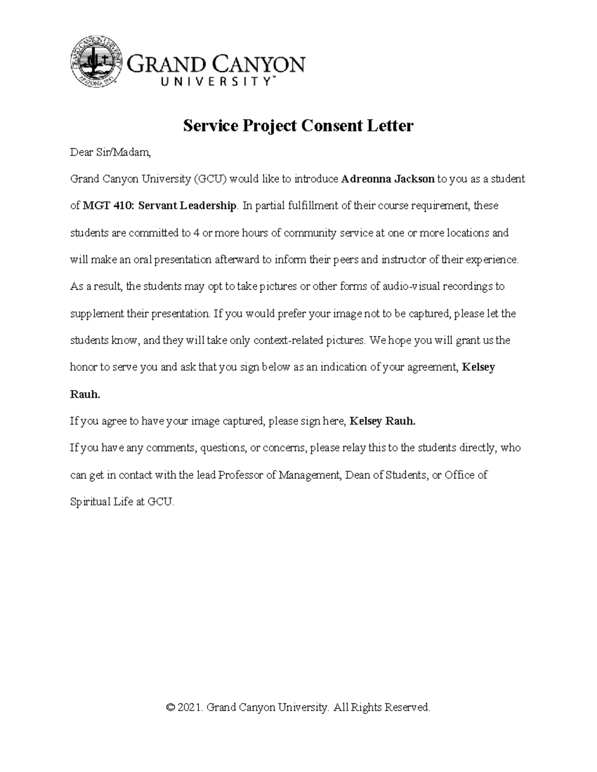 MGT 410: Service Project Consent Letter for Community Engagement - Studocu