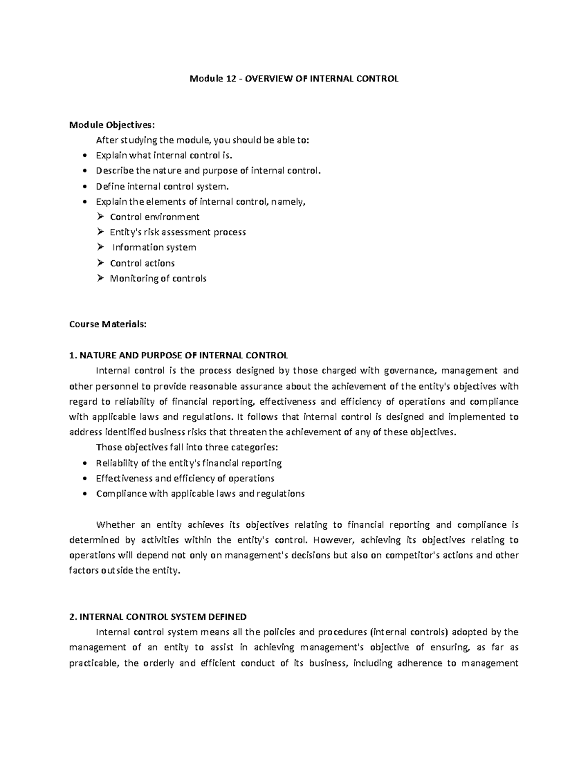 Module 12 - Overview OF Internal Control - Module 12 - OVERVIEW OF ...
