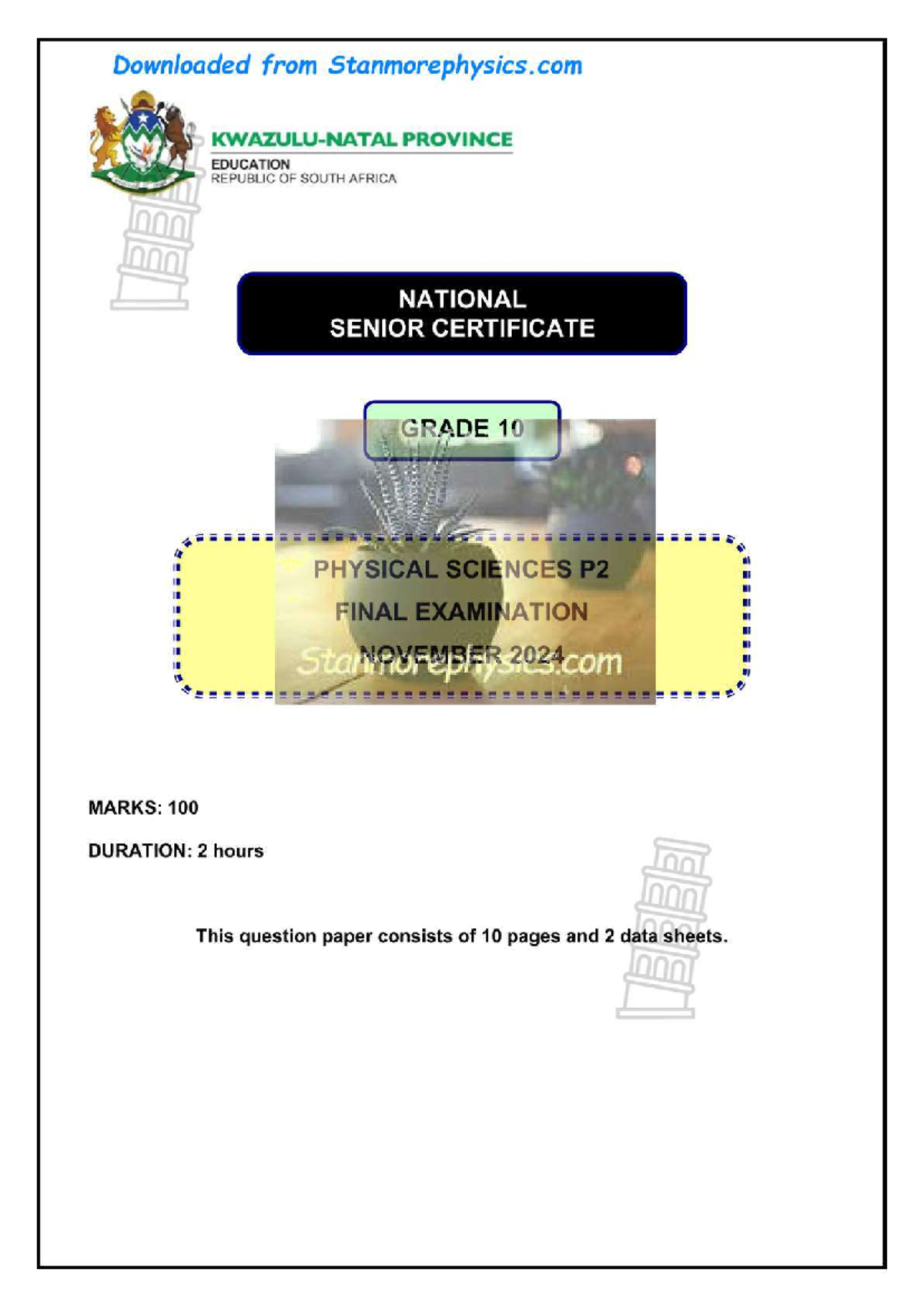 KZN Physical Sciences Grade 10 Nov 2024 P2 Final Exam & Memo - Studocu