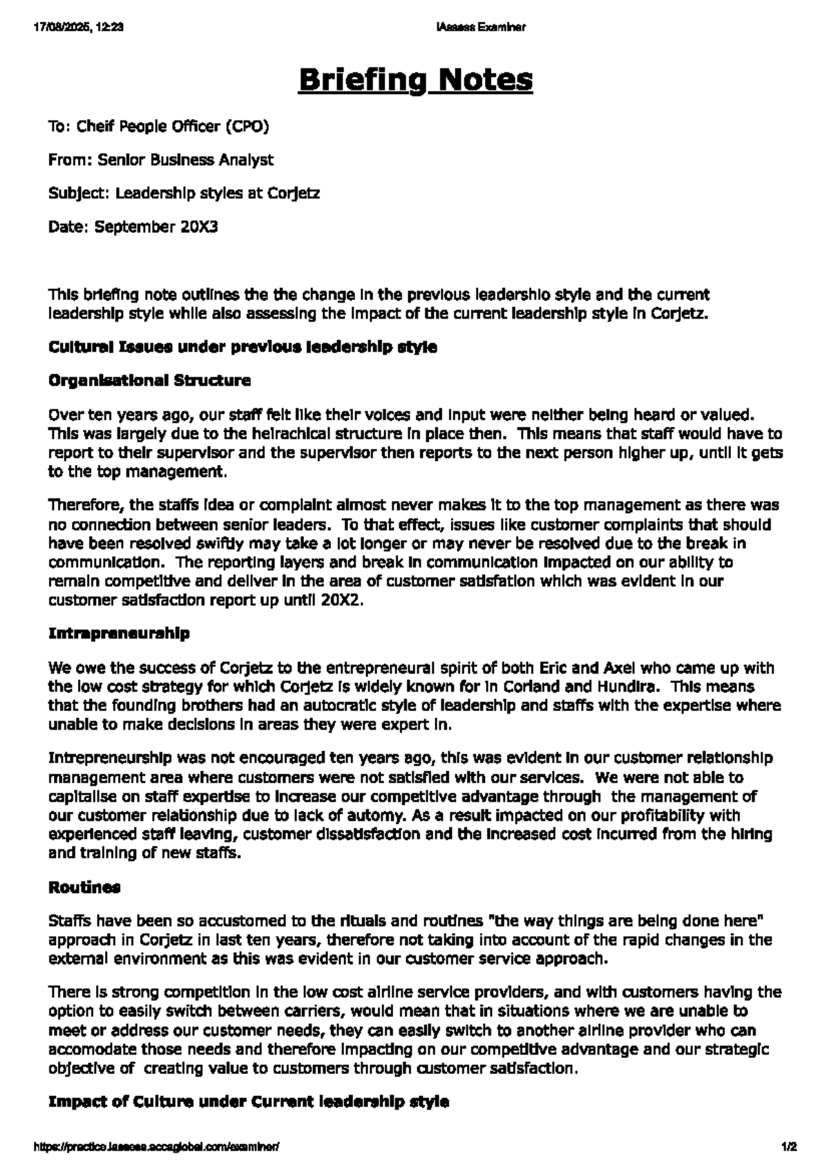 12:23 iAssess Leadership Styles Briefing Notes - Task 1a - Studocu
