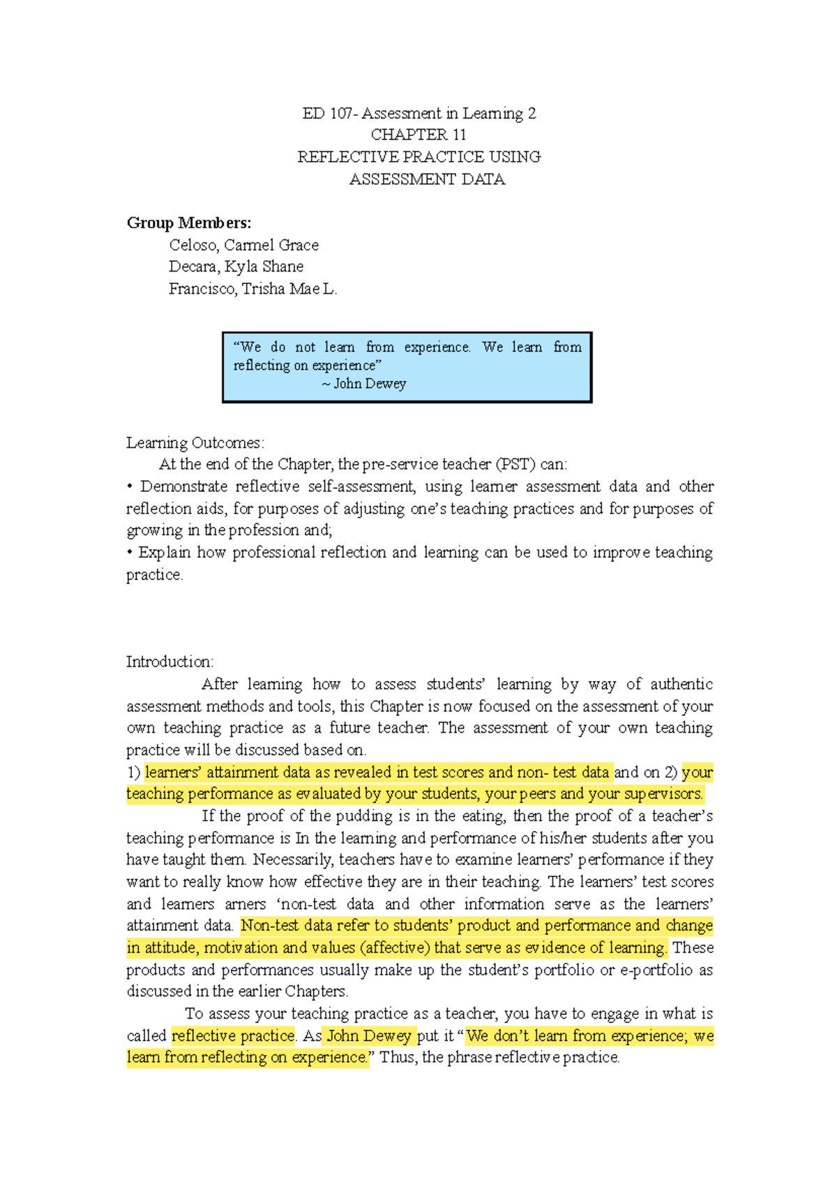 ED 107 Chapter 11: Reflective Practice with Assessment Data Usage - Studocu