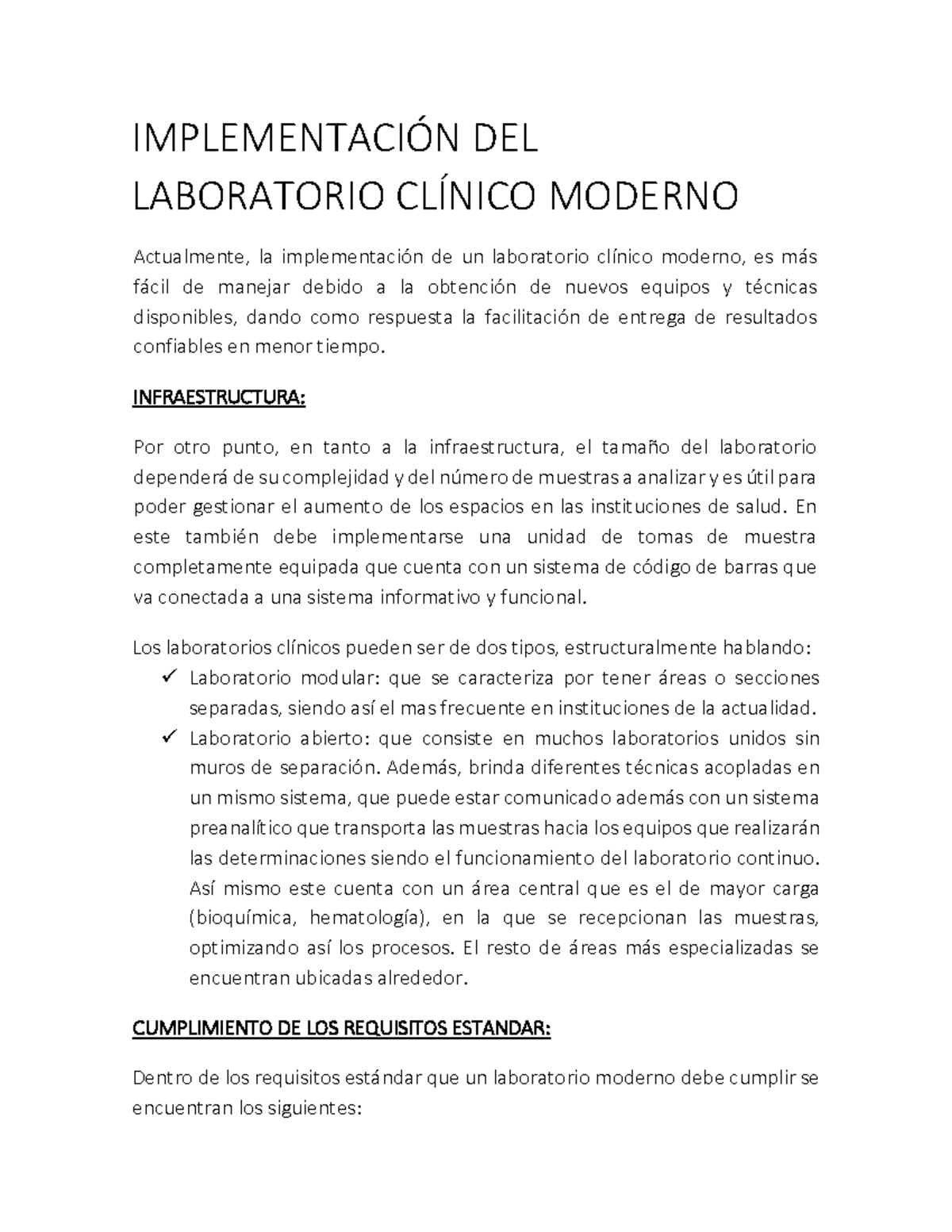 Resumen DE Implementacion - IMPLEMENTACI”N DEL LABORATORIO CLÕNICO ...