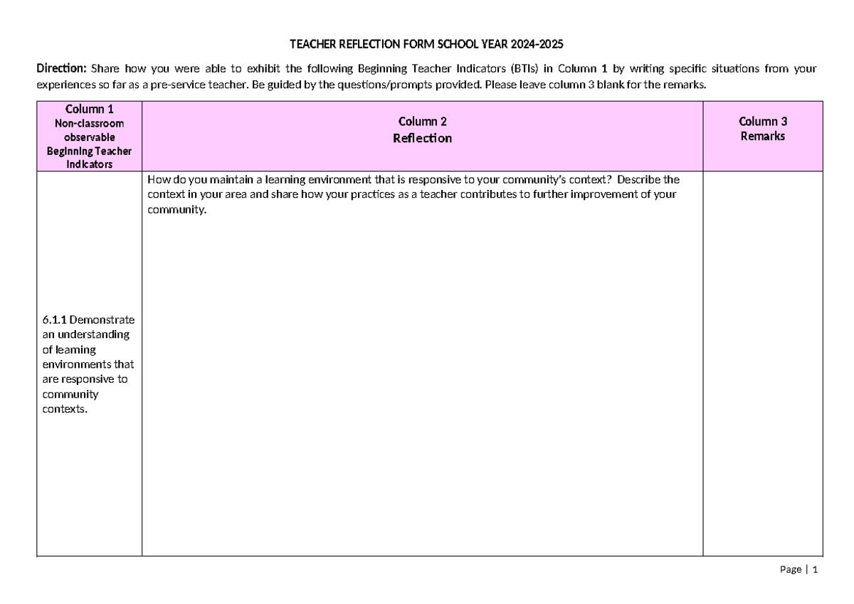 TRF 2024 Template for Ranking: Teacher Reflection Form - Studocu