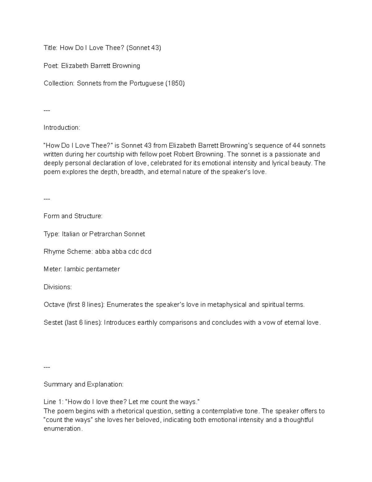 How Do I Love Thee? (Sonnet 43) - Analysis & Insights Handout - Studocu