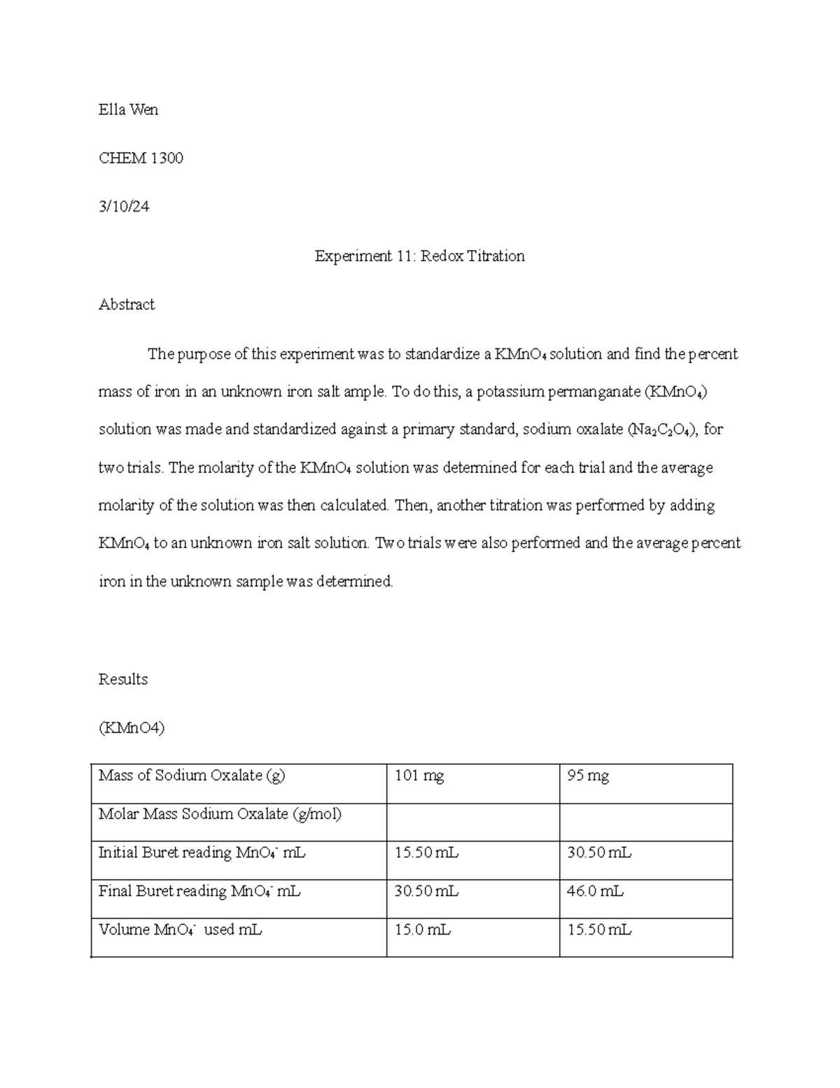 CHEM 1300 Experiment 11: Redox Titration Analysis and Results - Studocu