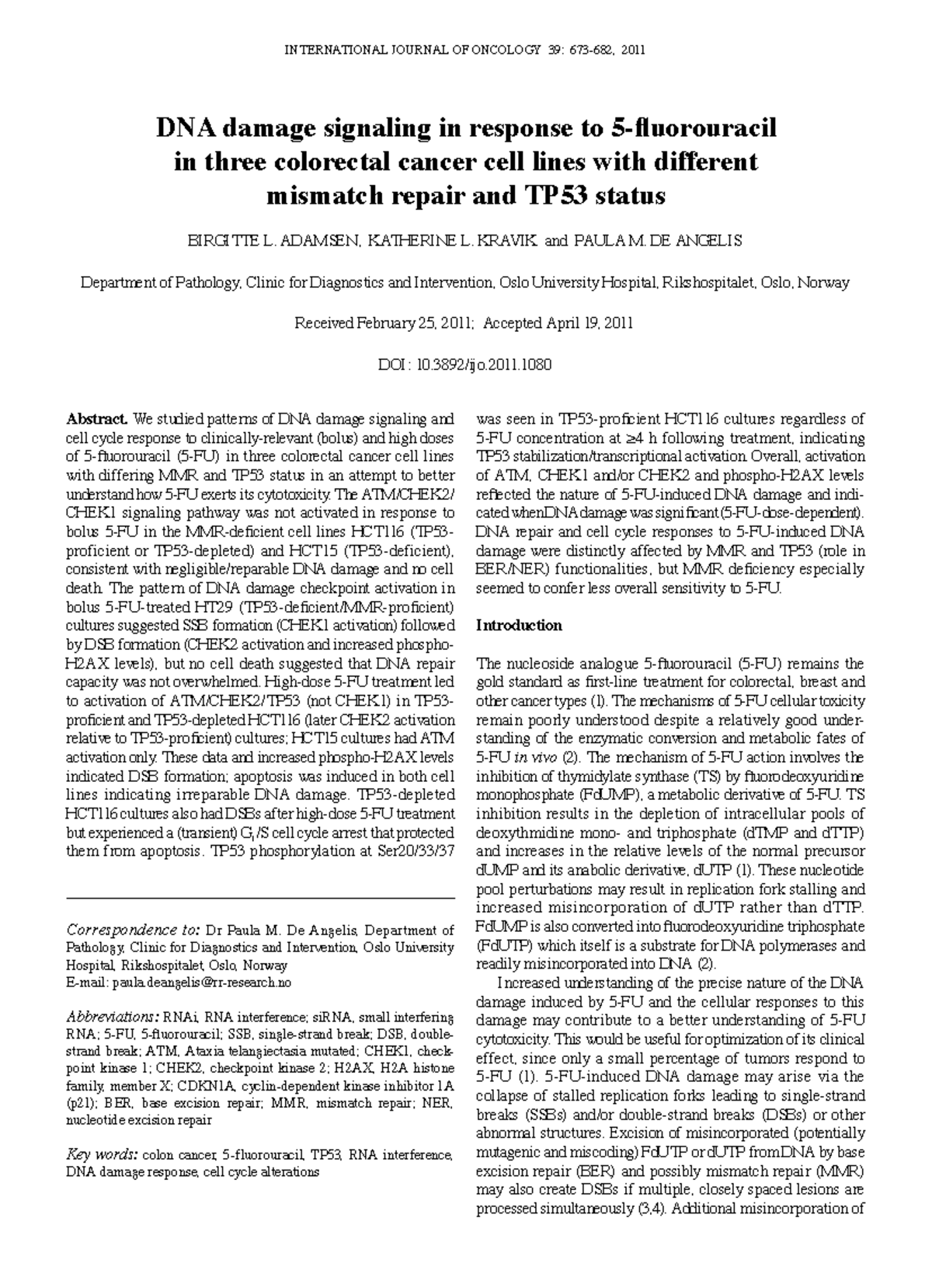 DNA Damage Signaling in Colorectal Cancer Cell Lines: IJO 39 Final Exam ...