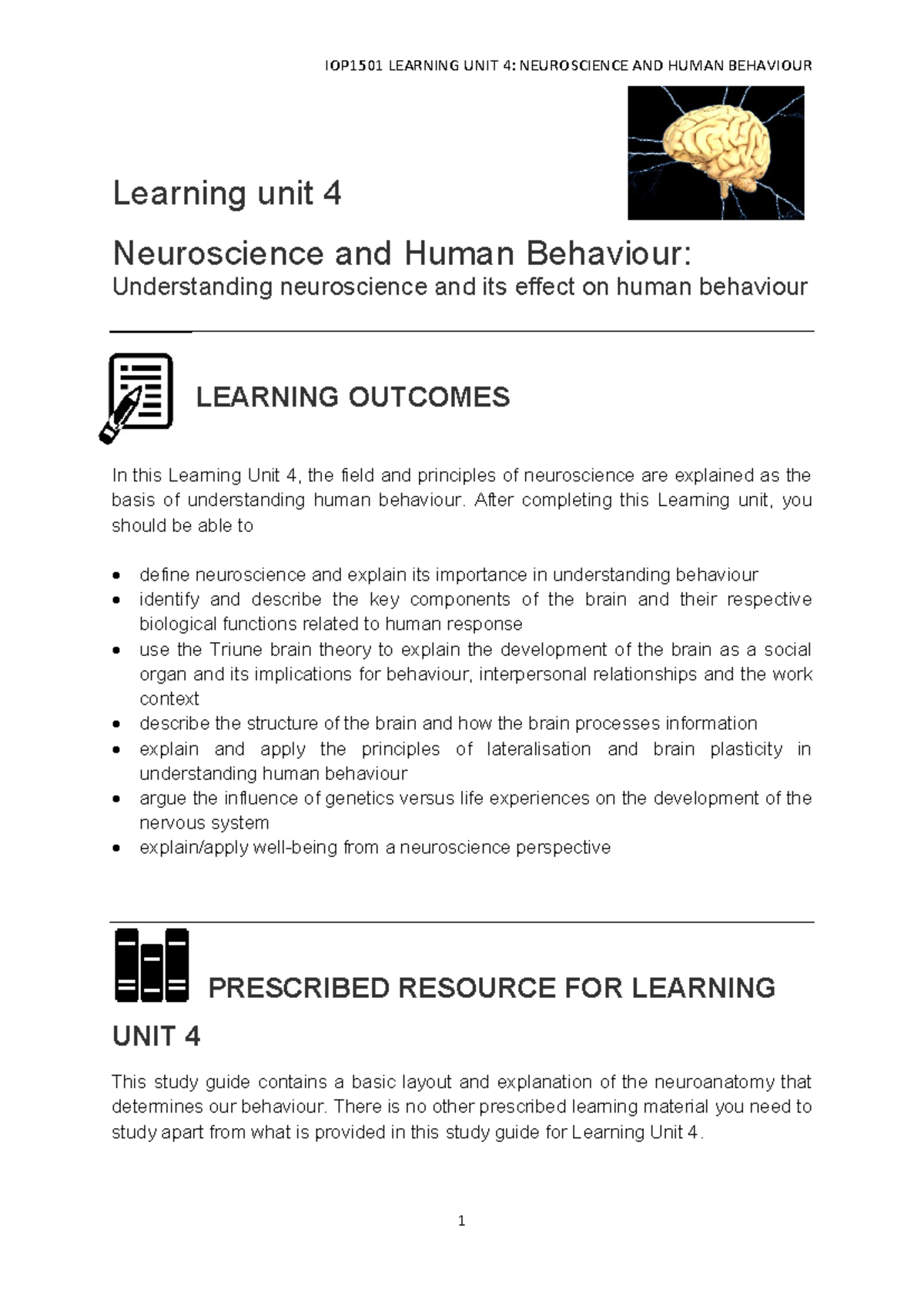 IOP1501 Learning Unit 4: Neuroscience & Human Behaviour Overview - Studocu