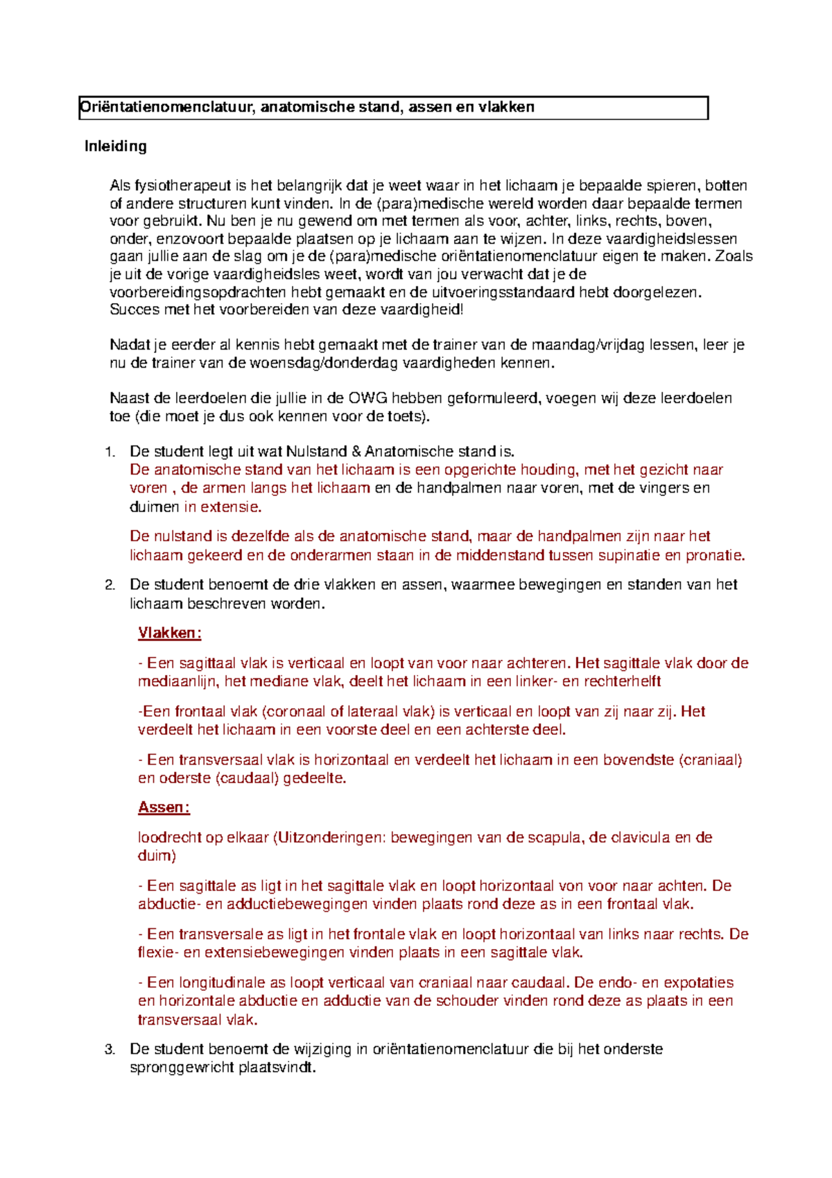 VH 1.1 & 1.2 Anatomische Stand: Assen en Vlakken in Fysiotherapie ...
