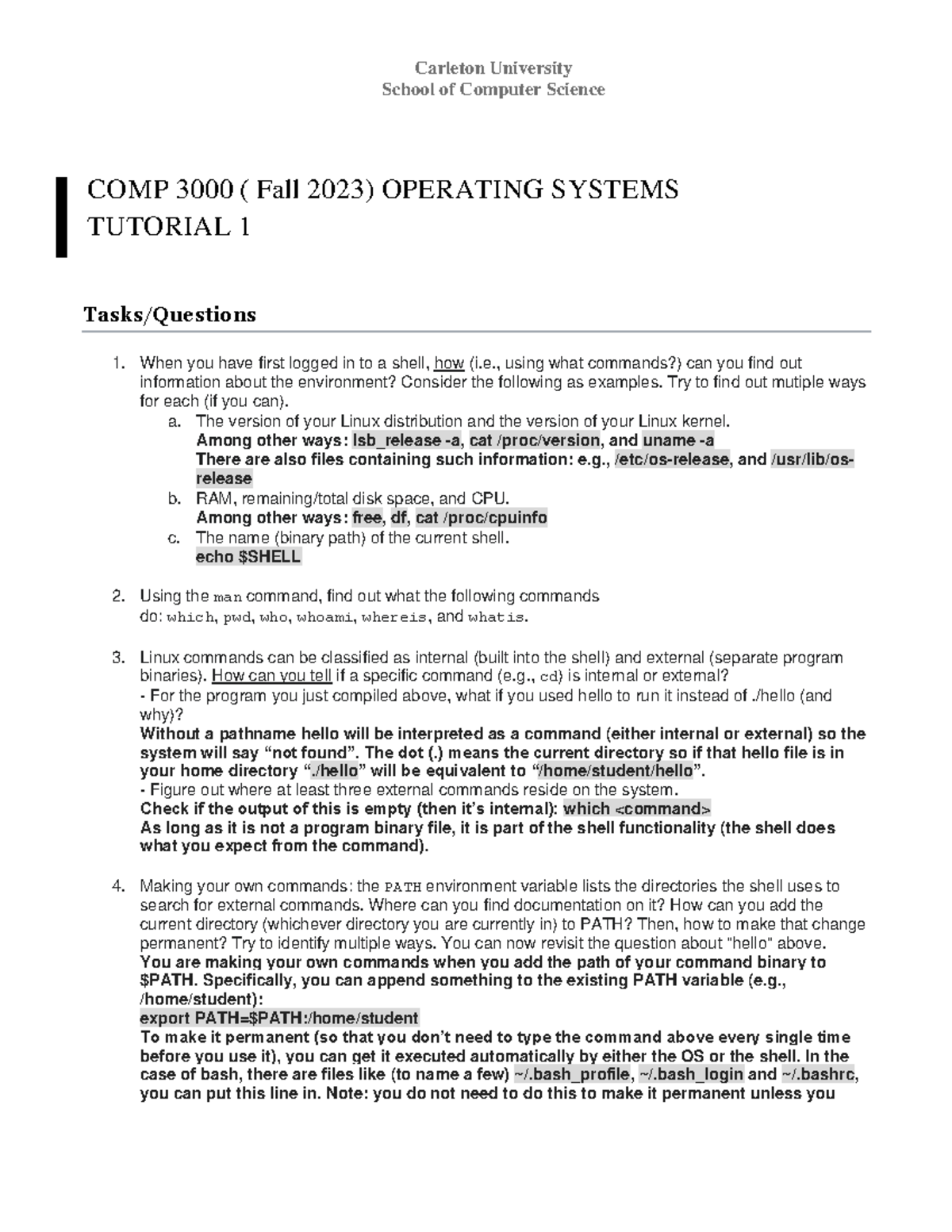 Tut1 - explanation - N/A - Tasks/Questions When you have first logged ...