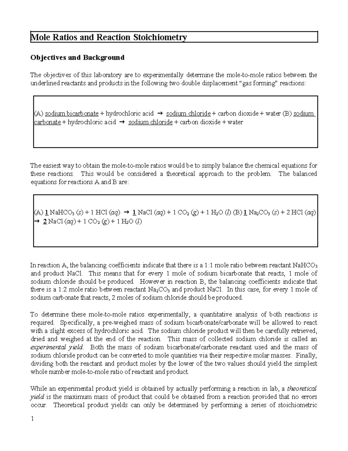 Lab Experiment: Determining Mole Ratios in Stoichiometry (CHEM 15 ...